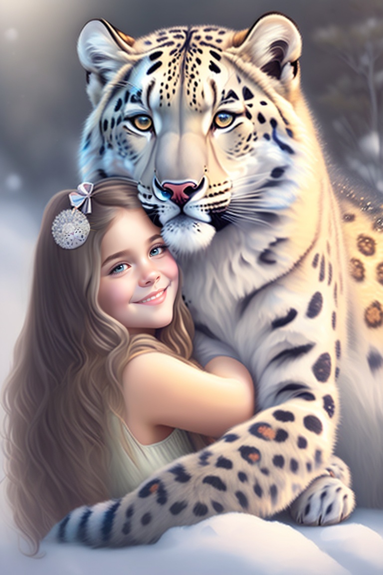 Lexica - A white snow leopard sits in front of the girl, the girl hugs ...