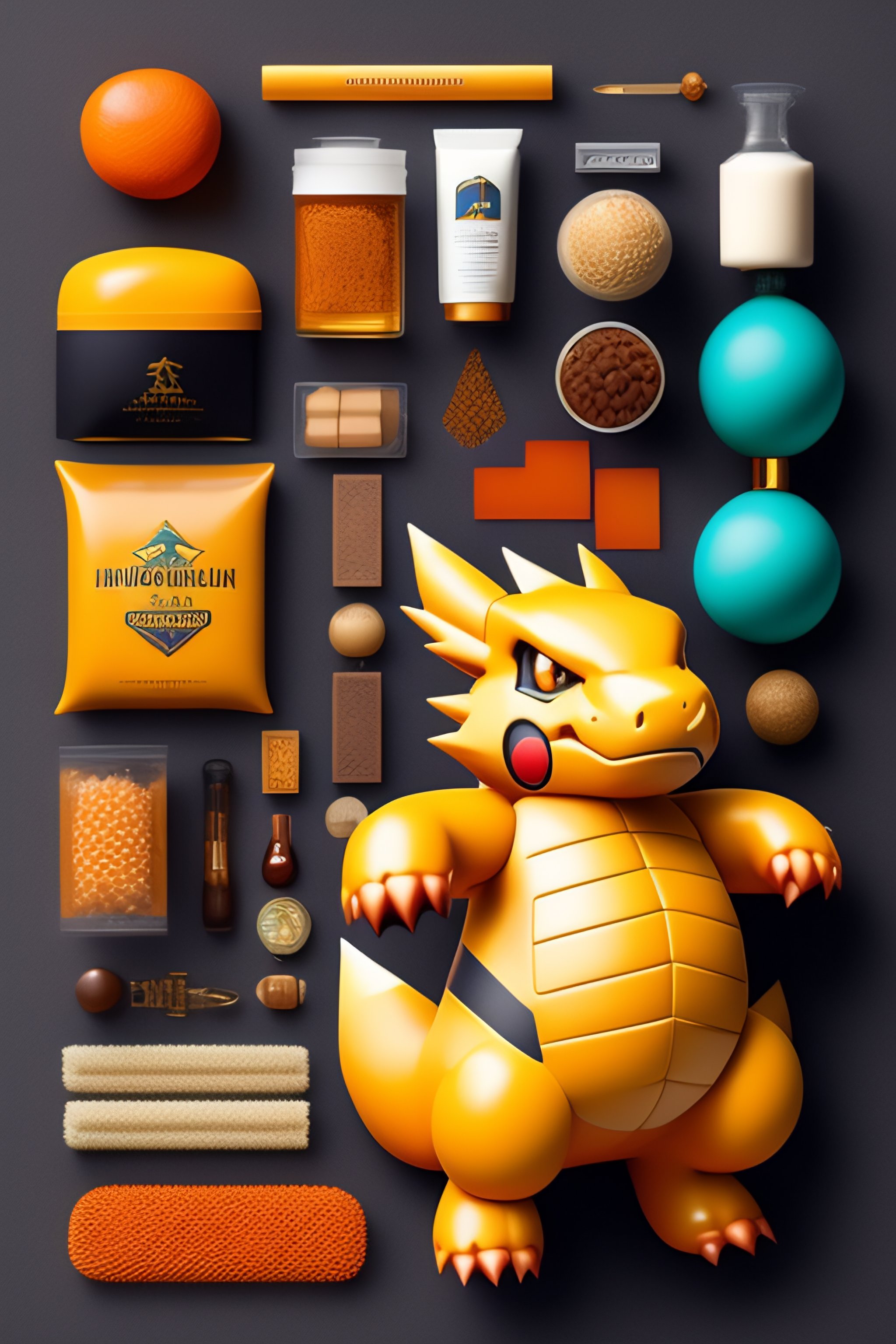 Lexica - Knolling, flat lay, pokemon, charizard,