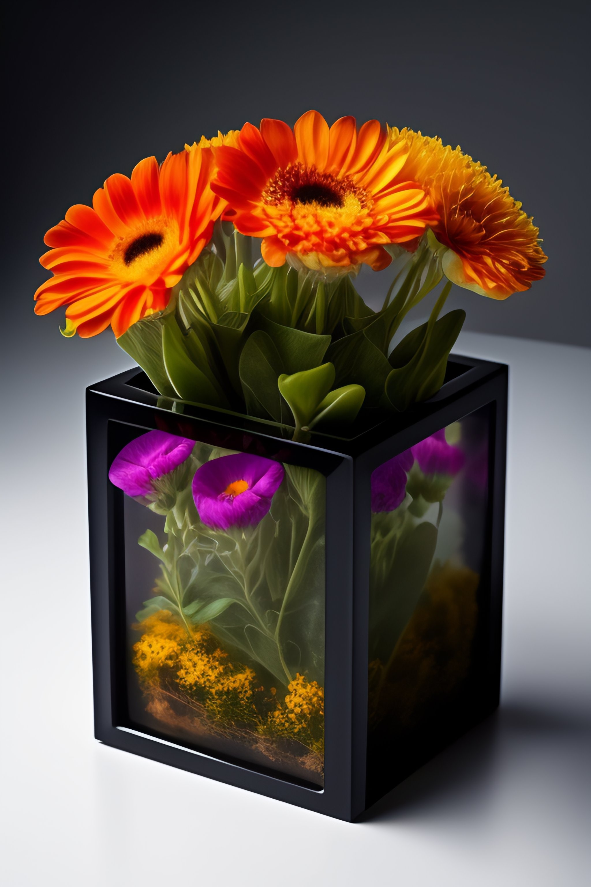 Lexica - A box made of glass has flowers inside