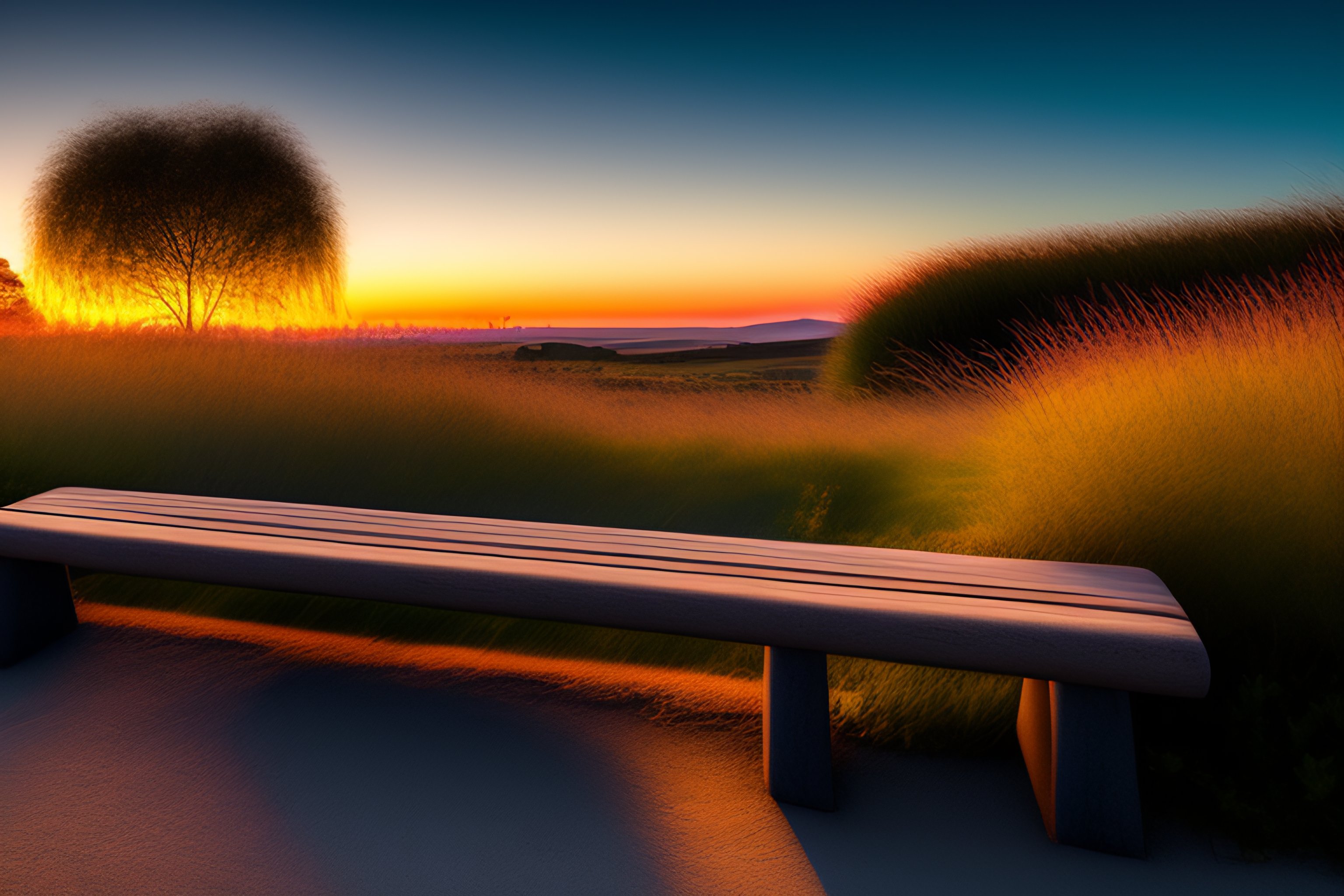 Lexica - Peaceful bench a beautiful landscape in front of it at sunset ...