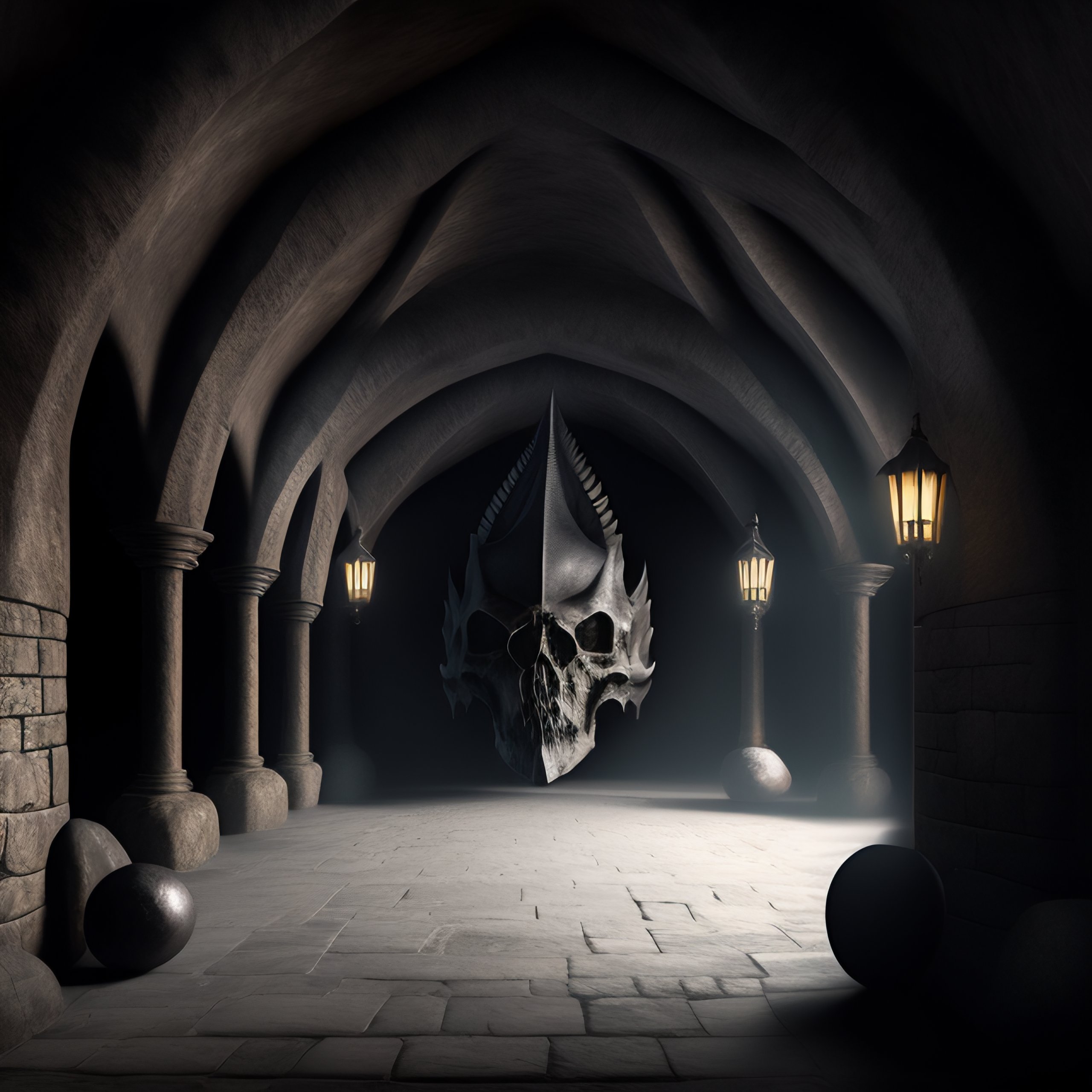 Lexica - Dark fantasy panoramic view of gothic stone medieval dungeon ...