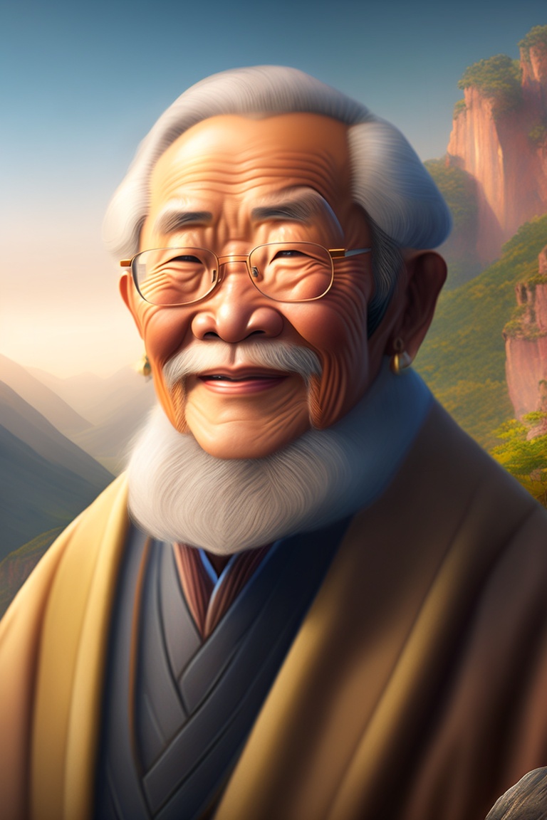 Lexica - Portrait of Old wise chinese man setting on a rock in front of ...
