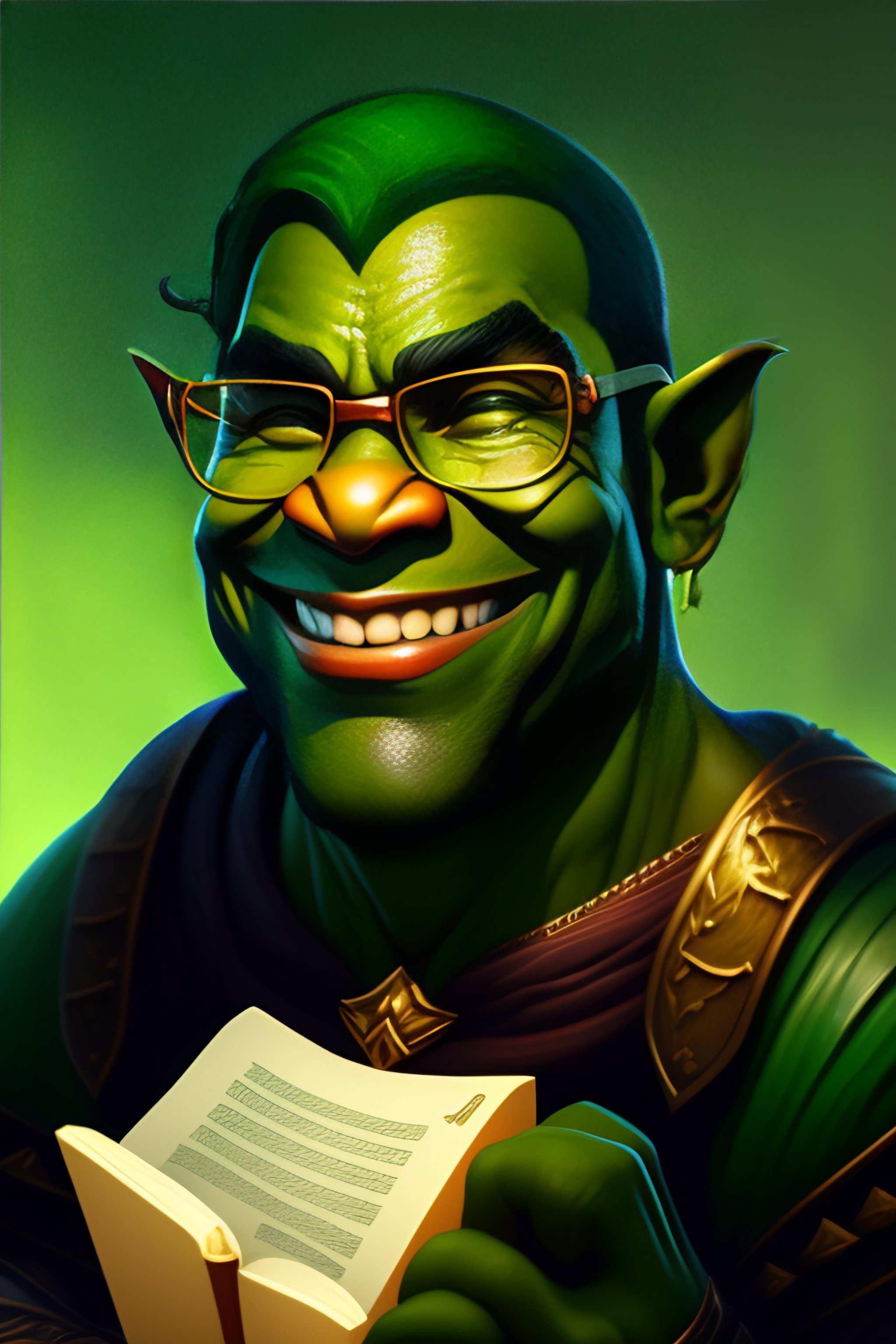Lexica - A well-drawn friendly kind dark-green orc with a kind smile ...