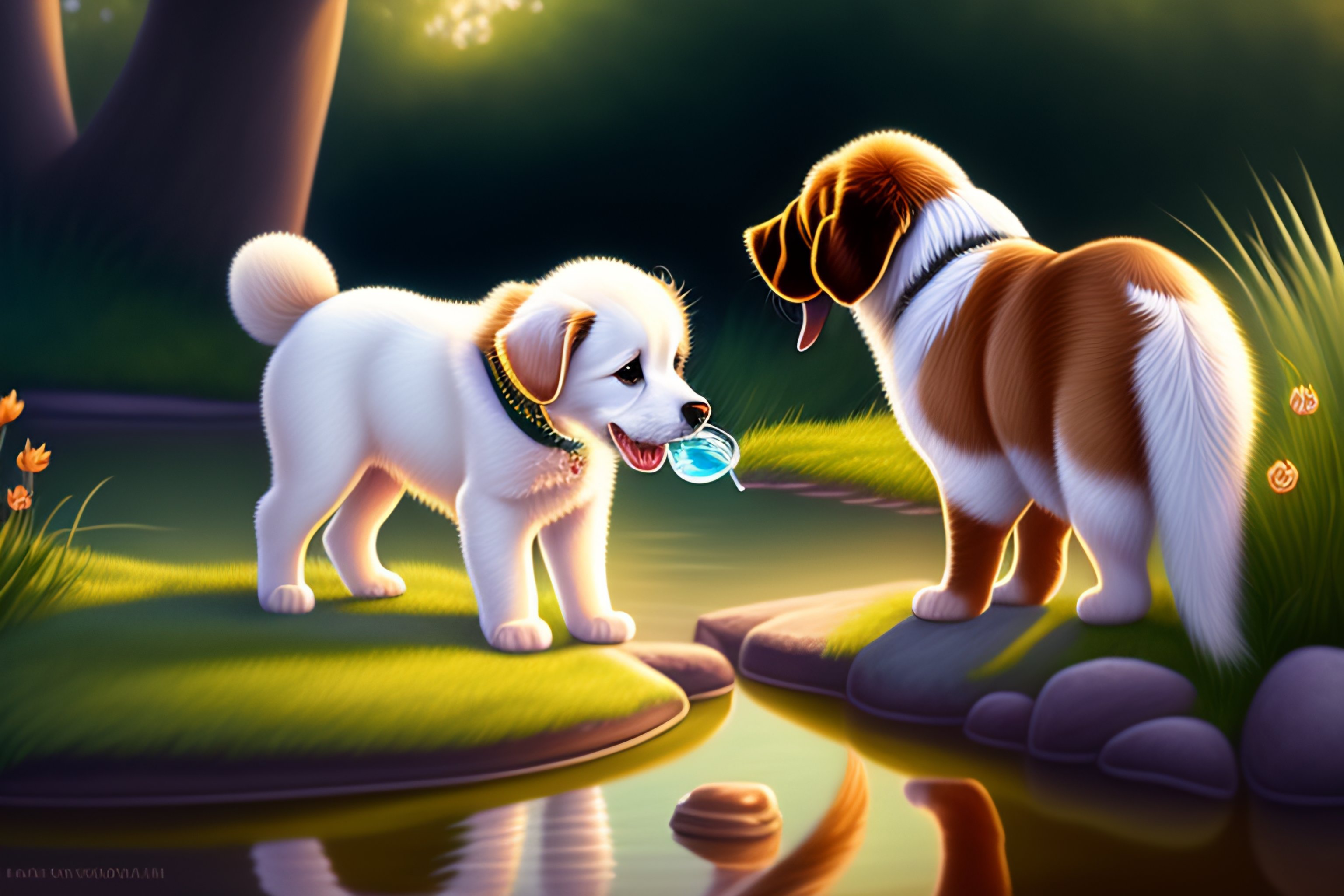 Lexica - A cartoon picture of a baby DOG drinking from a pond, a child's drawing by stan and jan ...