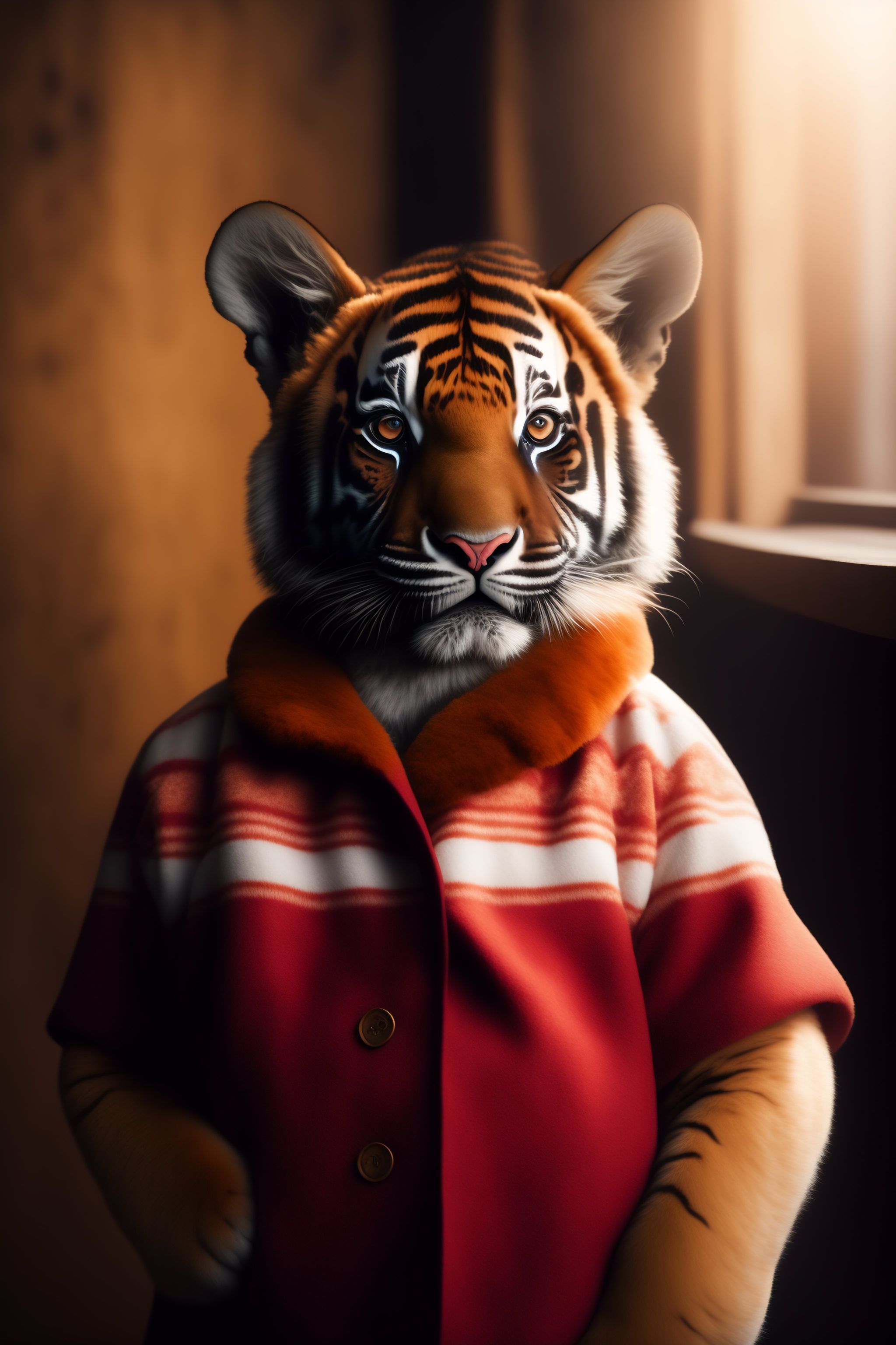 Lexica - Portrait, cute tiger cub wearing beefeater clothes, low light ...