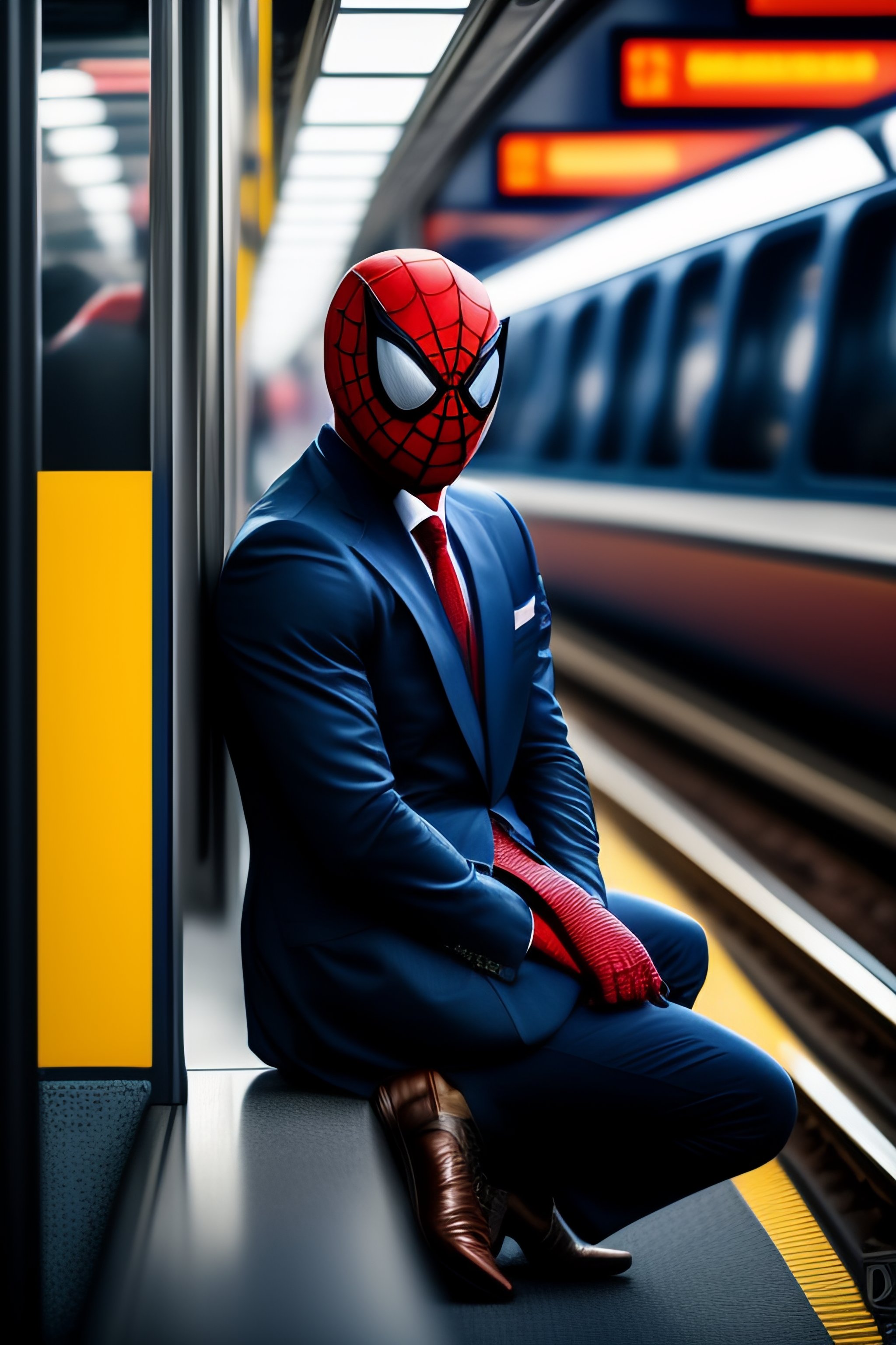 Lexica - Spiderman a business suit sitting in the London Underground ...