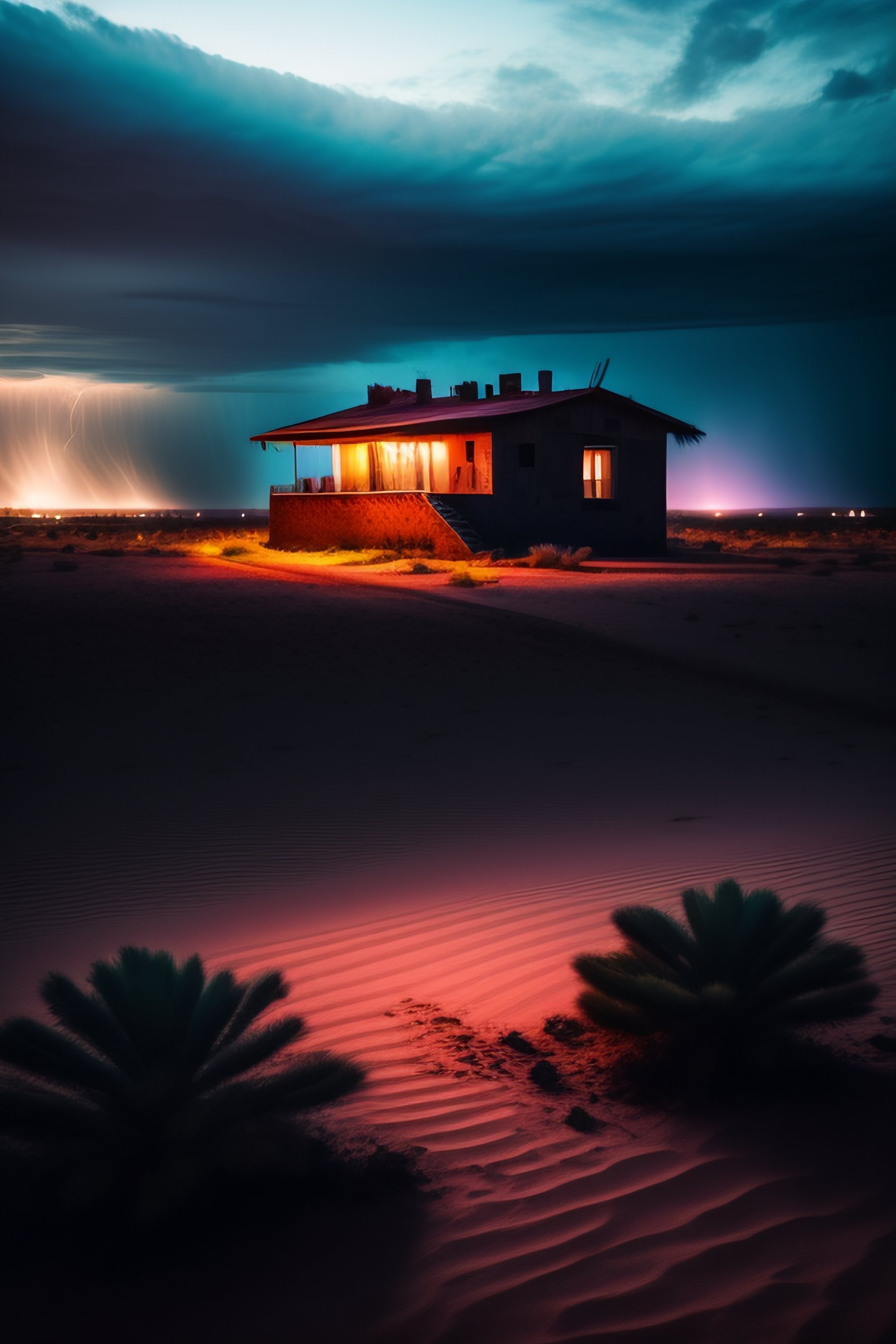 Lexica - Minimalistic dark photo. night, Desert, big thunderstorm ...