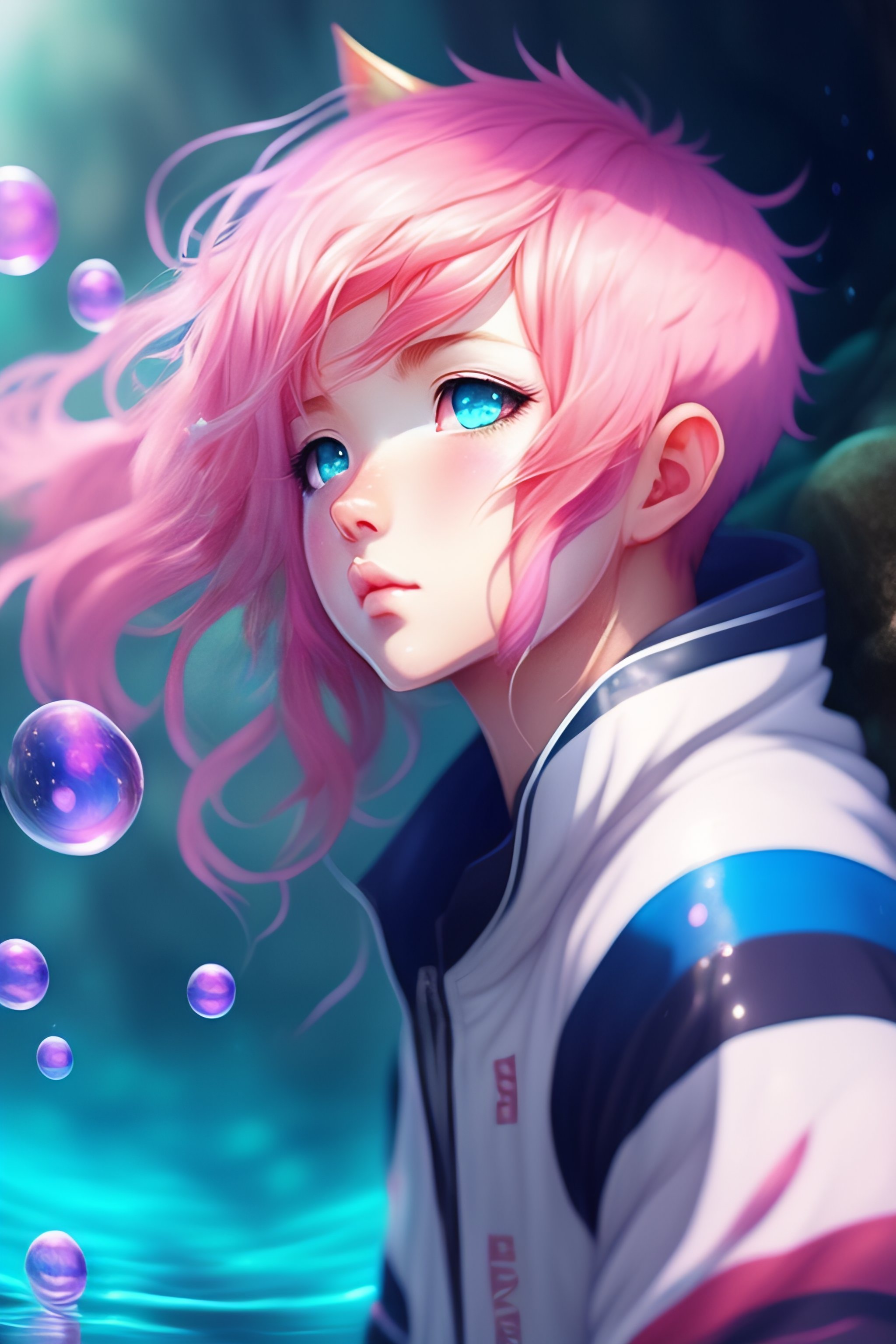 Lexica - Boy, 18 years old, pink hair, short hair, fox ears, blue eyes ...