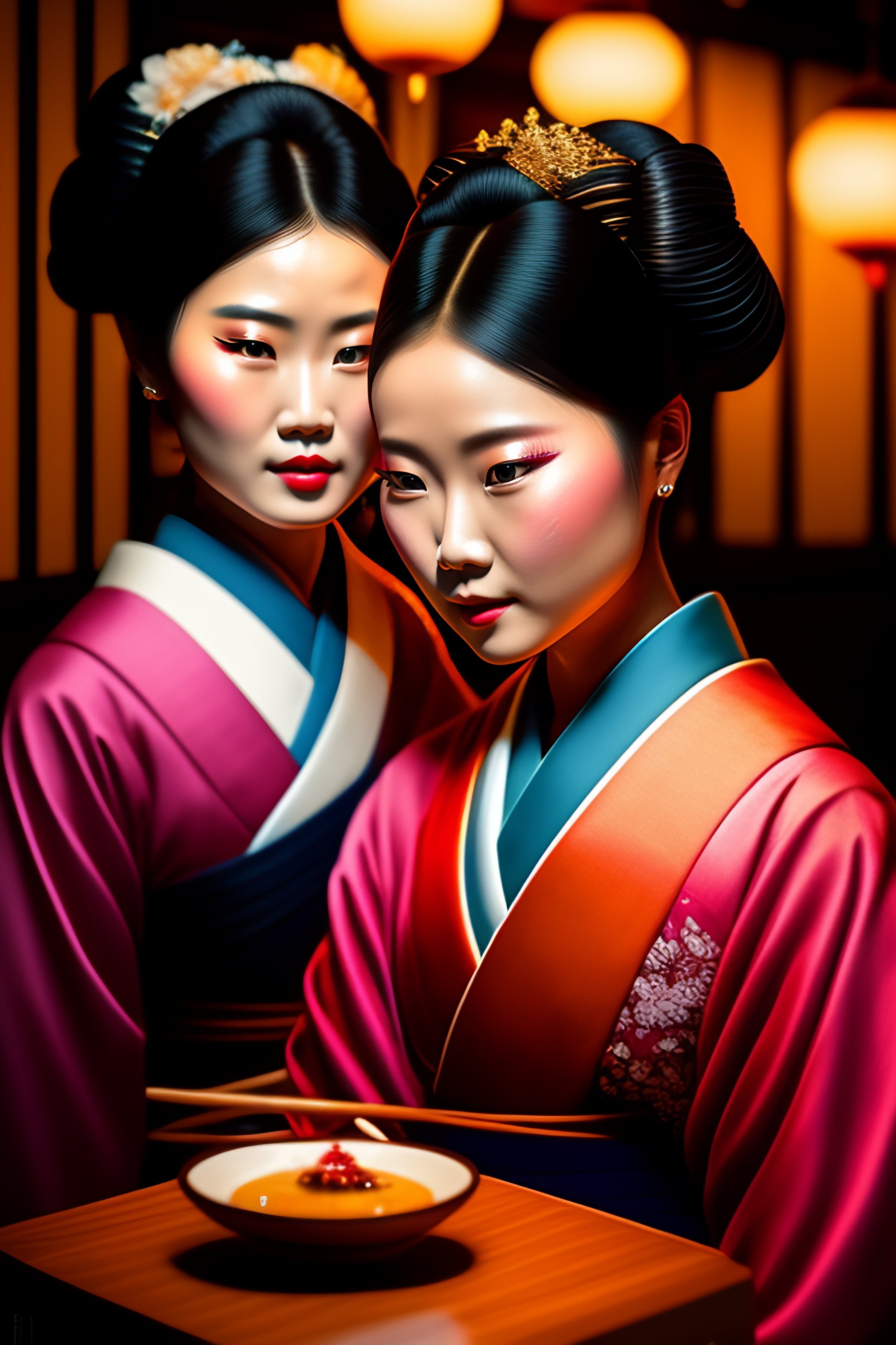 Lexica - Two beautiful elegant young geishas eating at a cozy kyoto ...