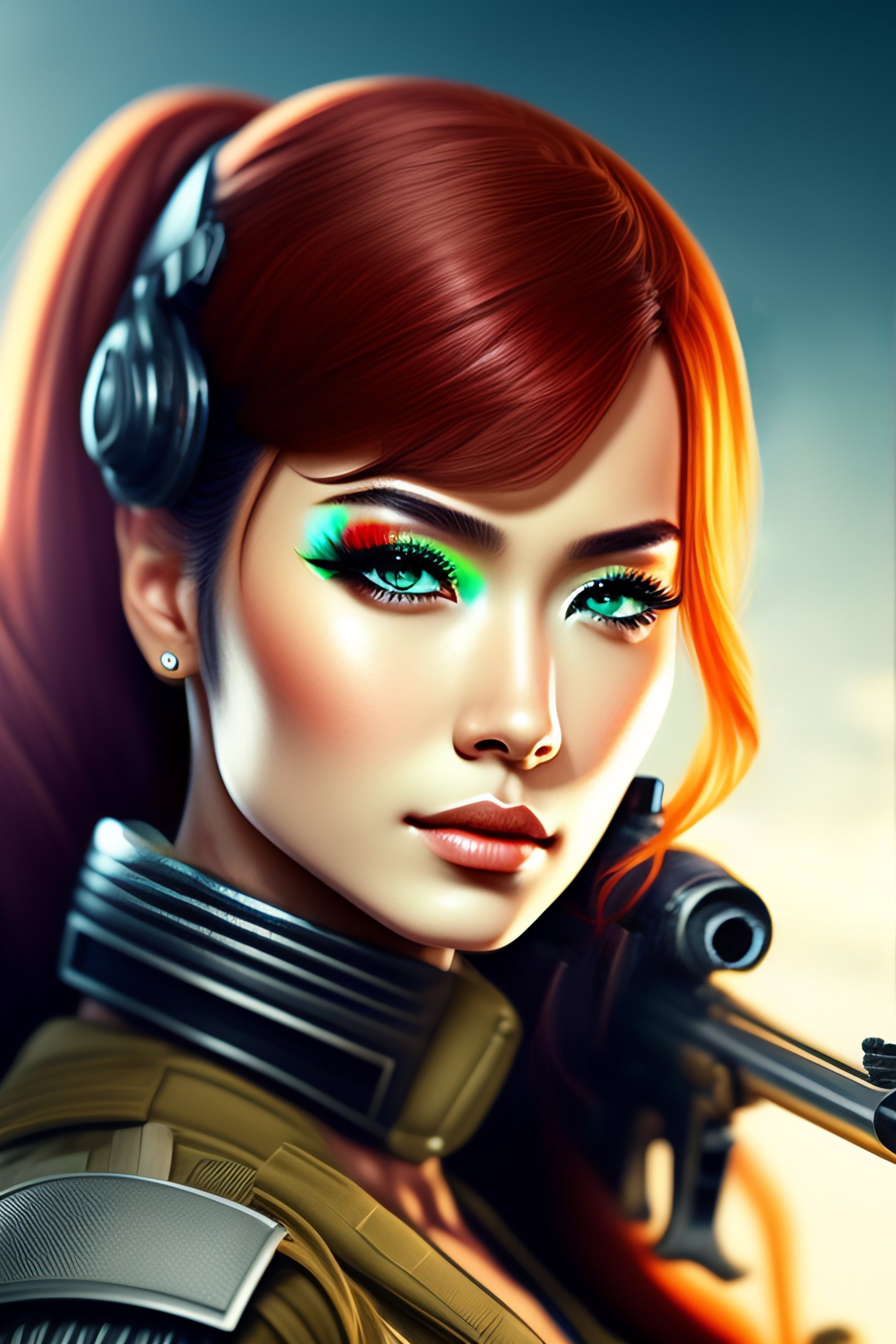Lexica - Cyborg anime girl, different eye color, holding a rifle