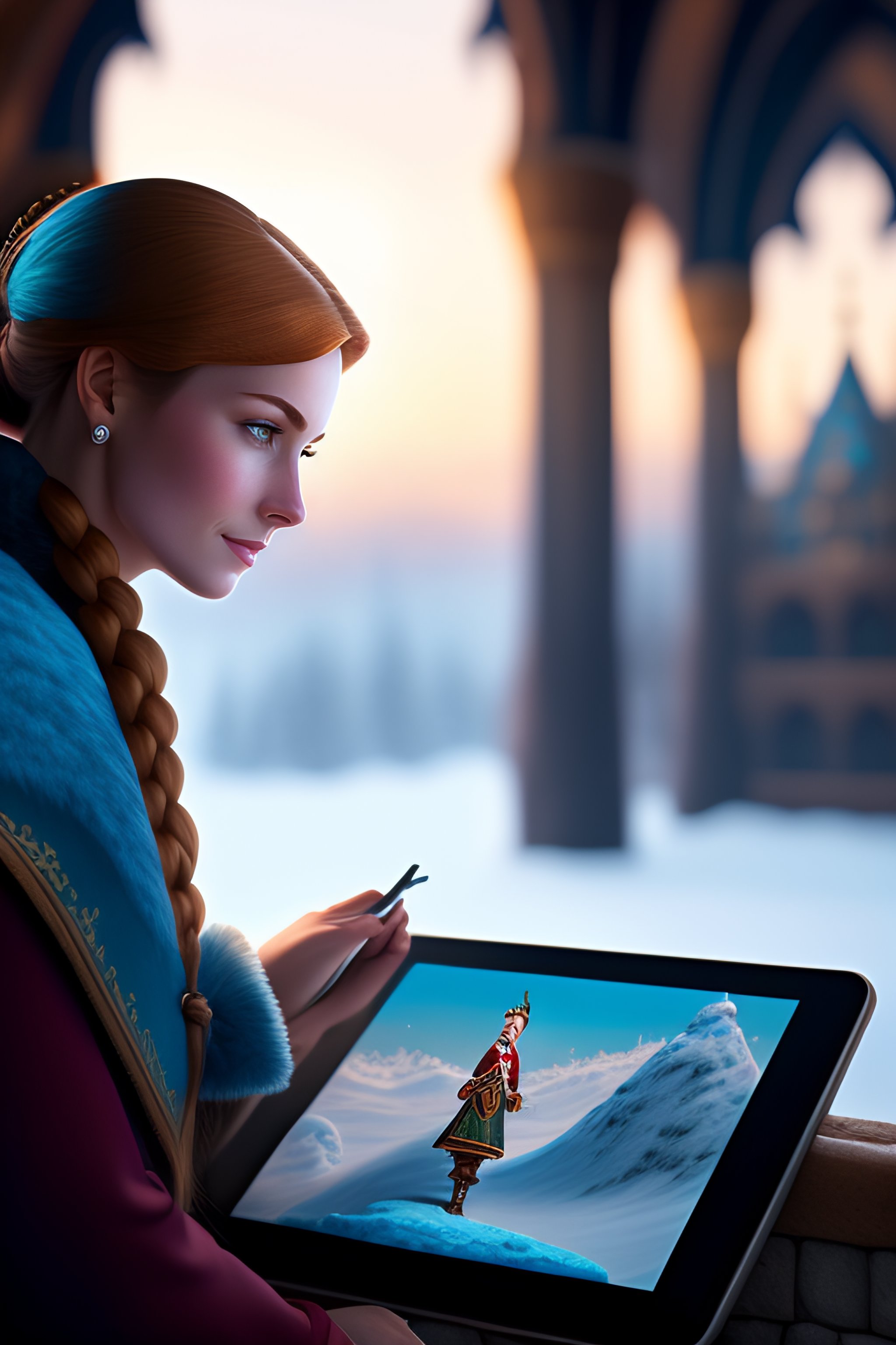 Lexica - Anna of frozen working on a tablet and sitting in the front of ...