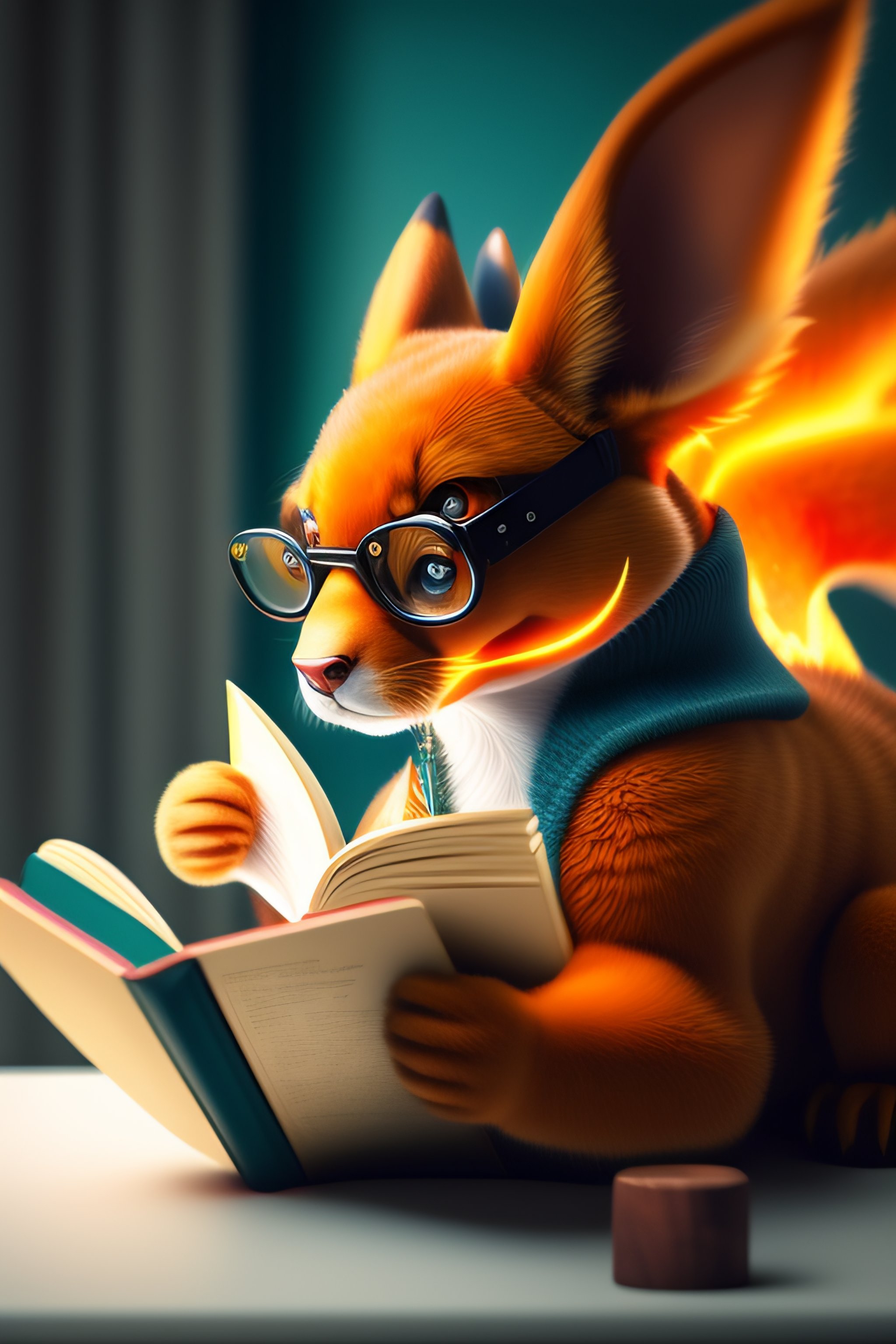 Lexica - Charizard in glasses reading book, realistic