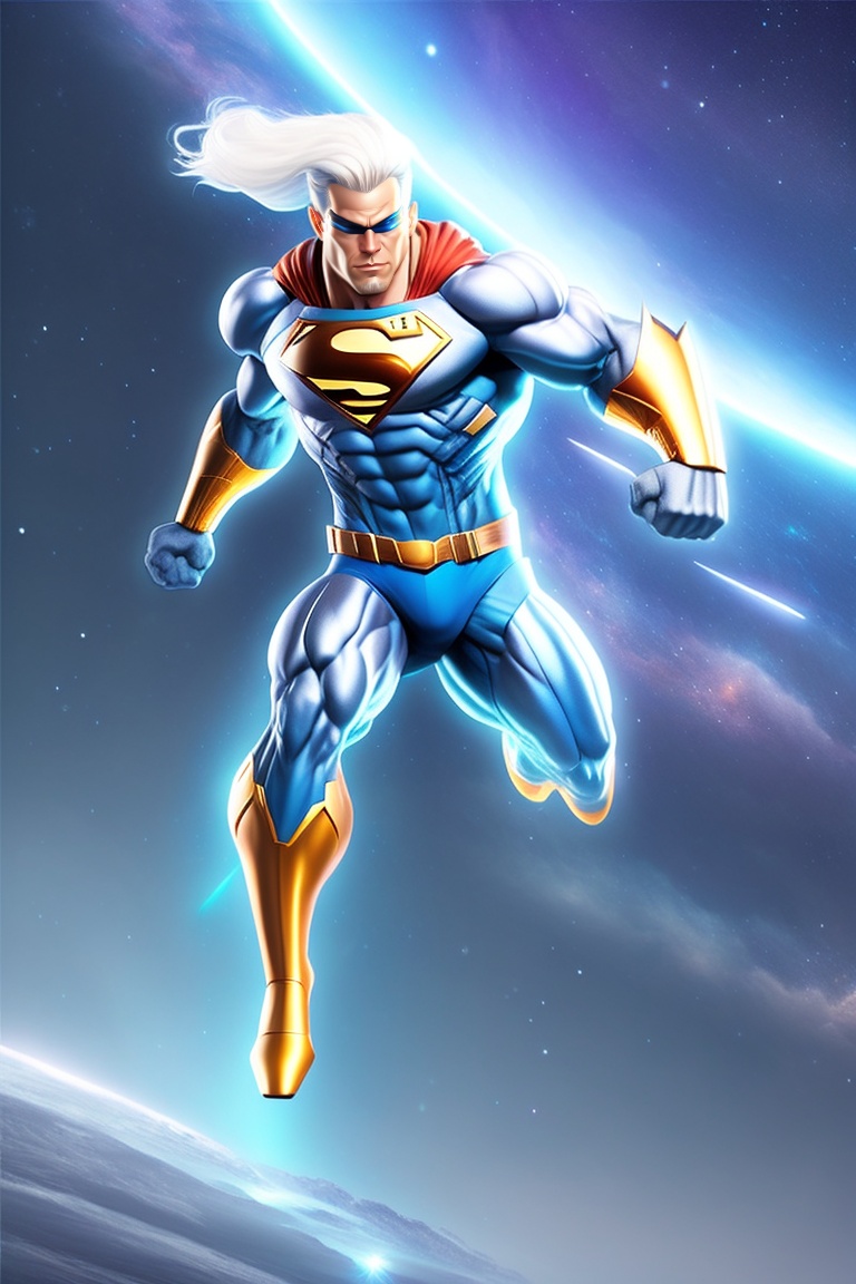Lexica - Handsome superhero flying in space, with silver suit and blue hair