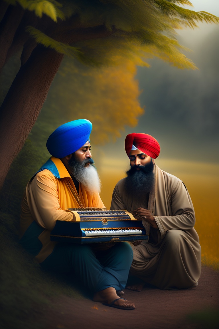 Lexica - Heavy fog, a two Sikh guru sitting under the tree playing ...