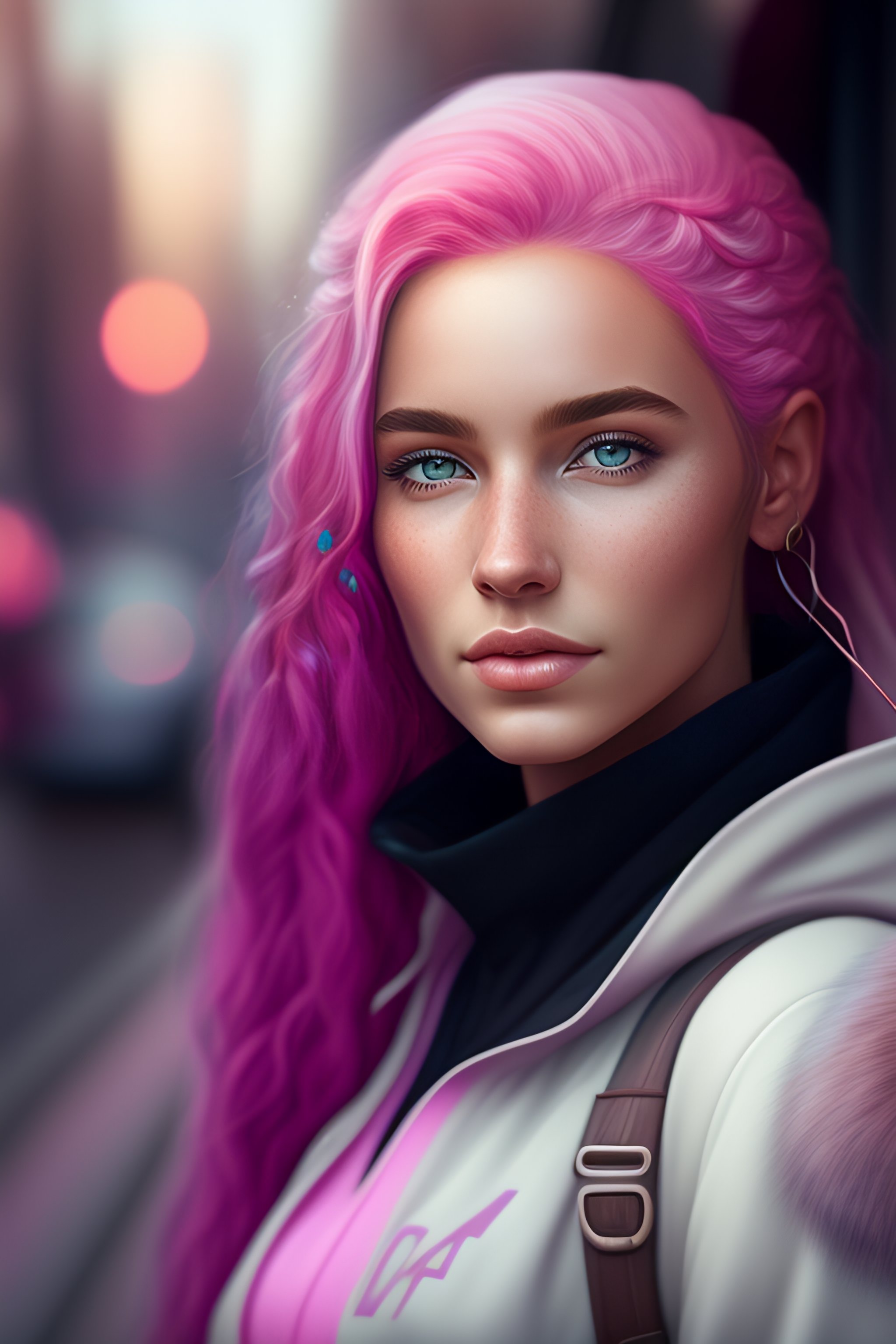 Lexica - Portrait of a girl with pink hair and gray eyes holding a rat ...