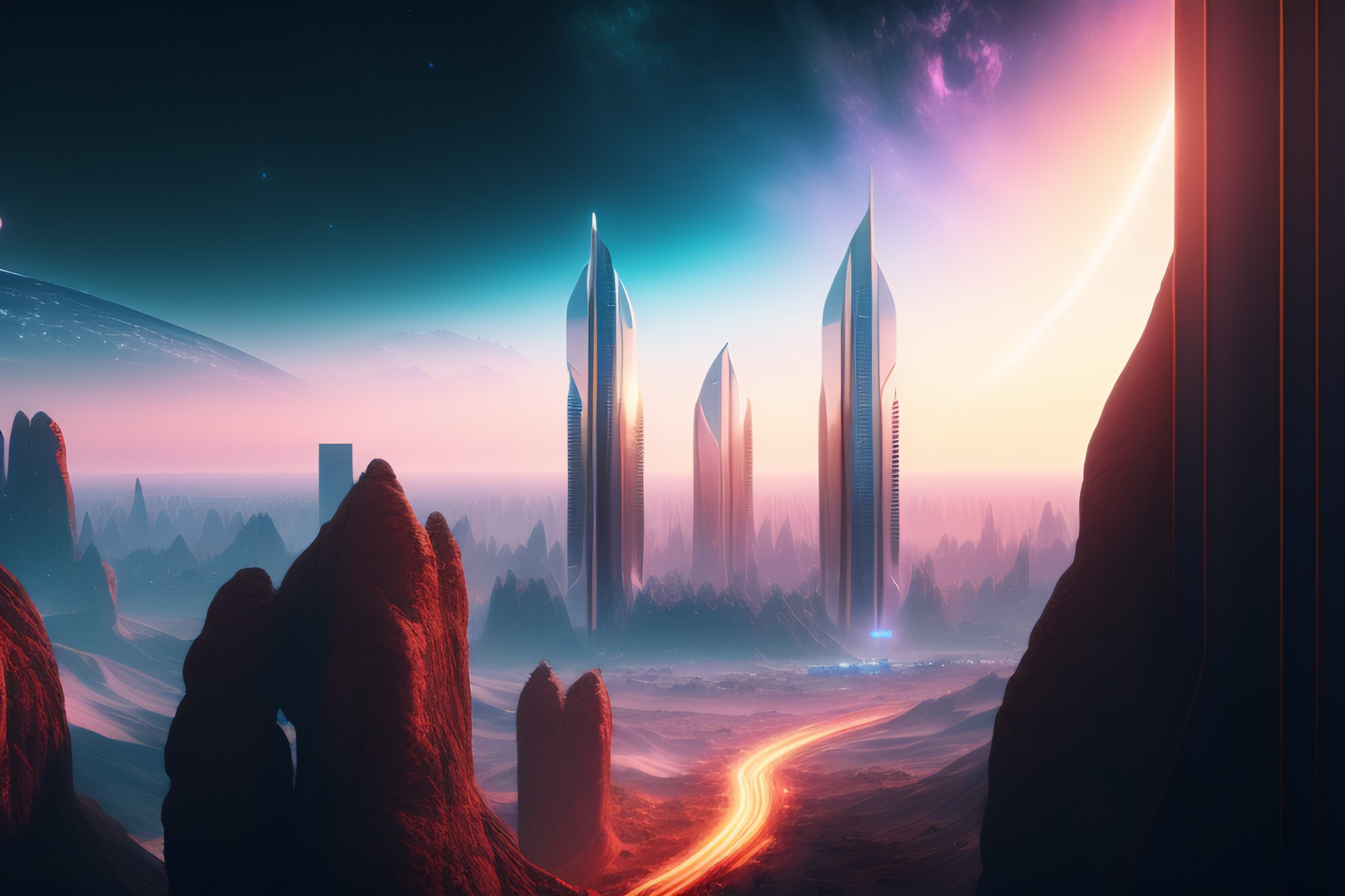 Lexica - In a futuristic city with planets and galaxies in the sky, 4k ...