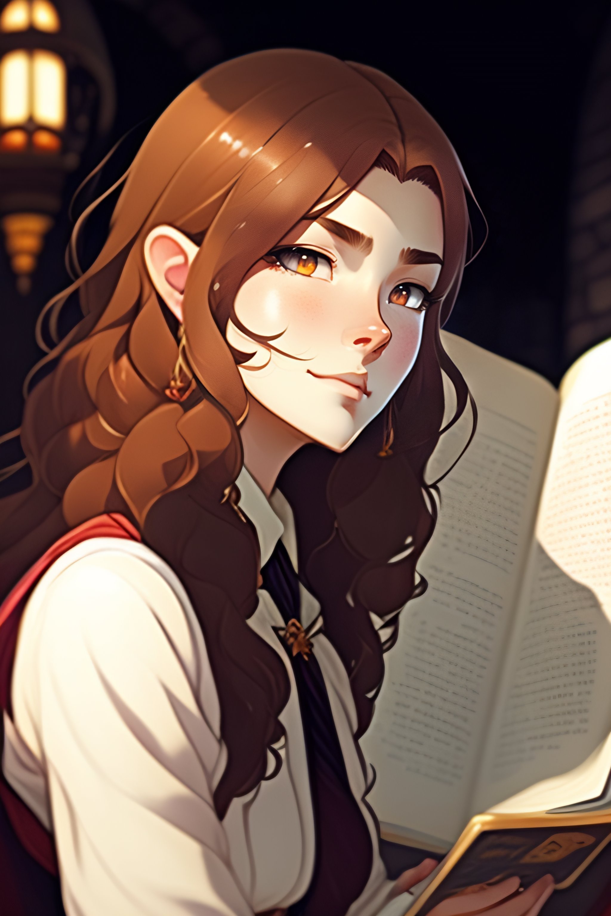 Lexica - Reporter reading half-elf serious frown freckles brunette ...