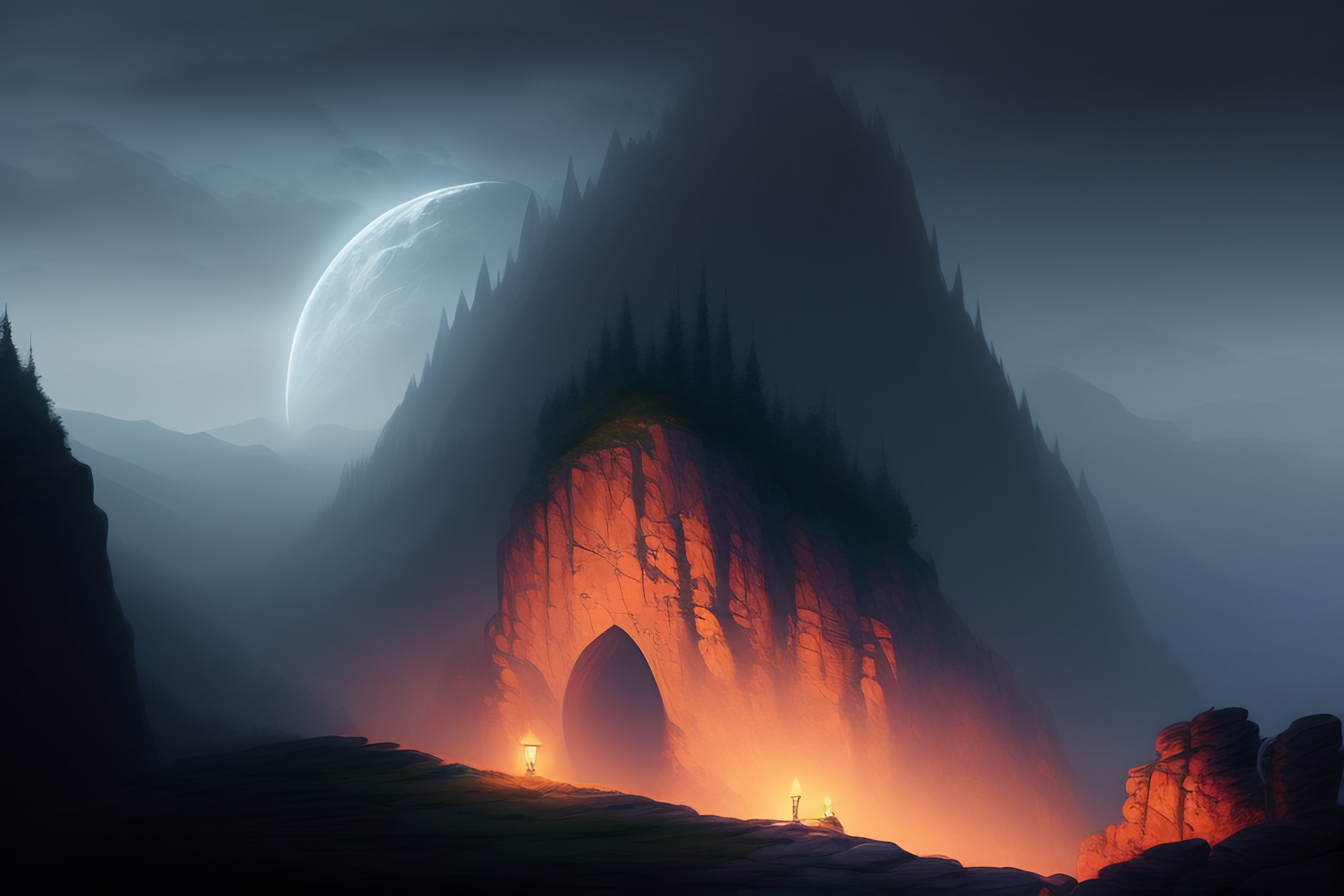 Lexica - Dark and foreboding, a hidden cave entranceat night, fortified ...