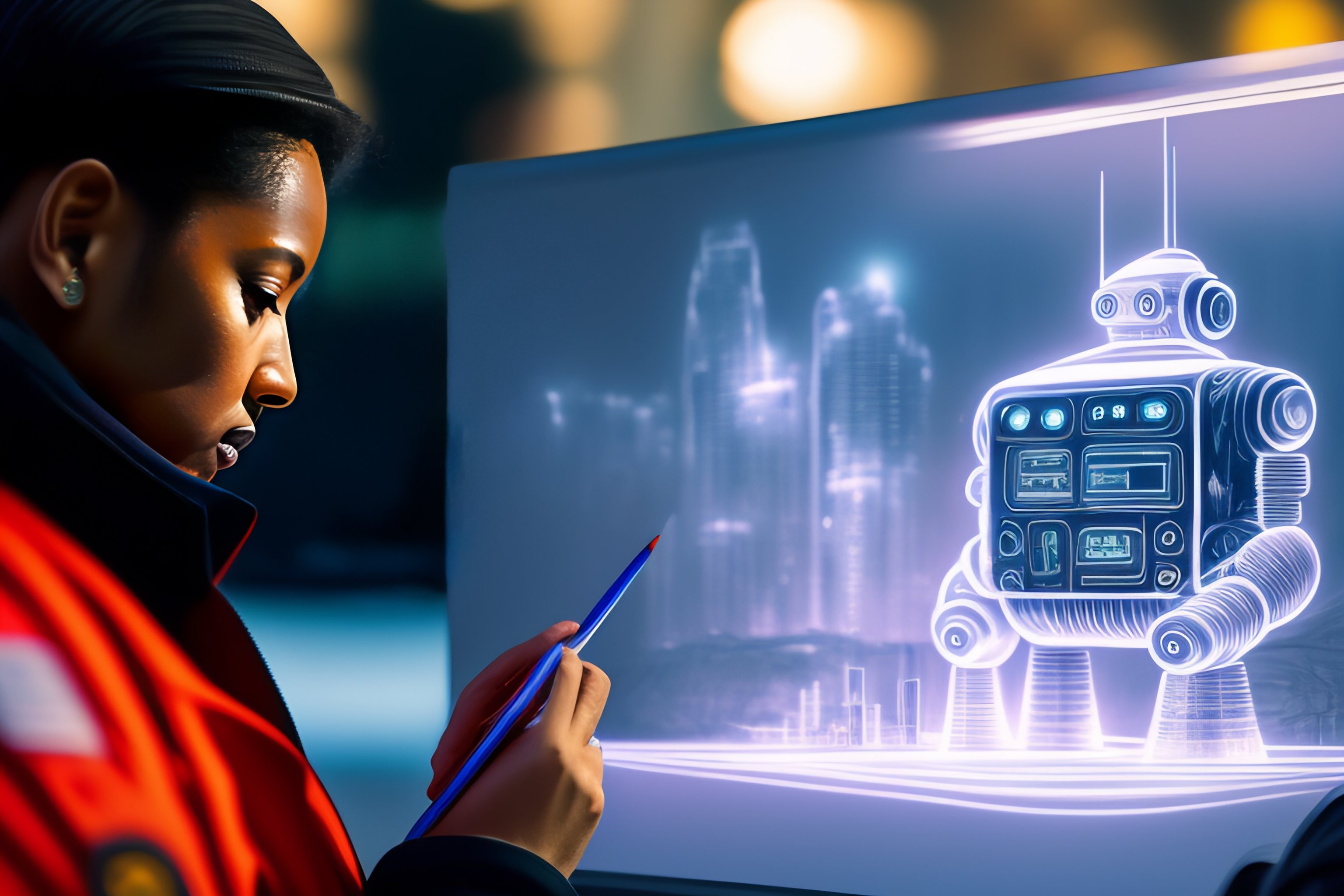 Lexica - AI robot sketching a sketch in front of large audience