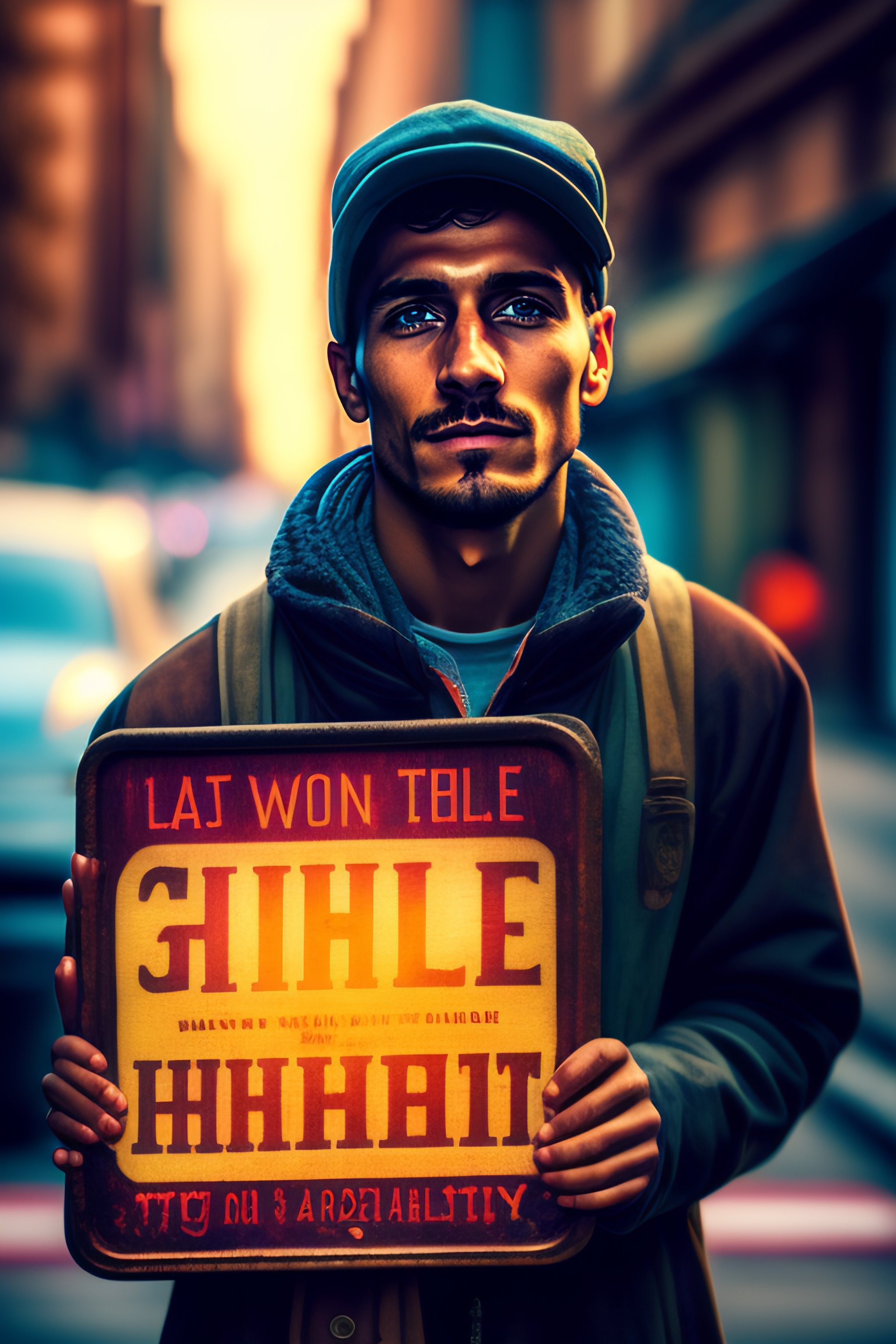 Lexica - Picture of a 25 year old street beggar holding a help me sign ...