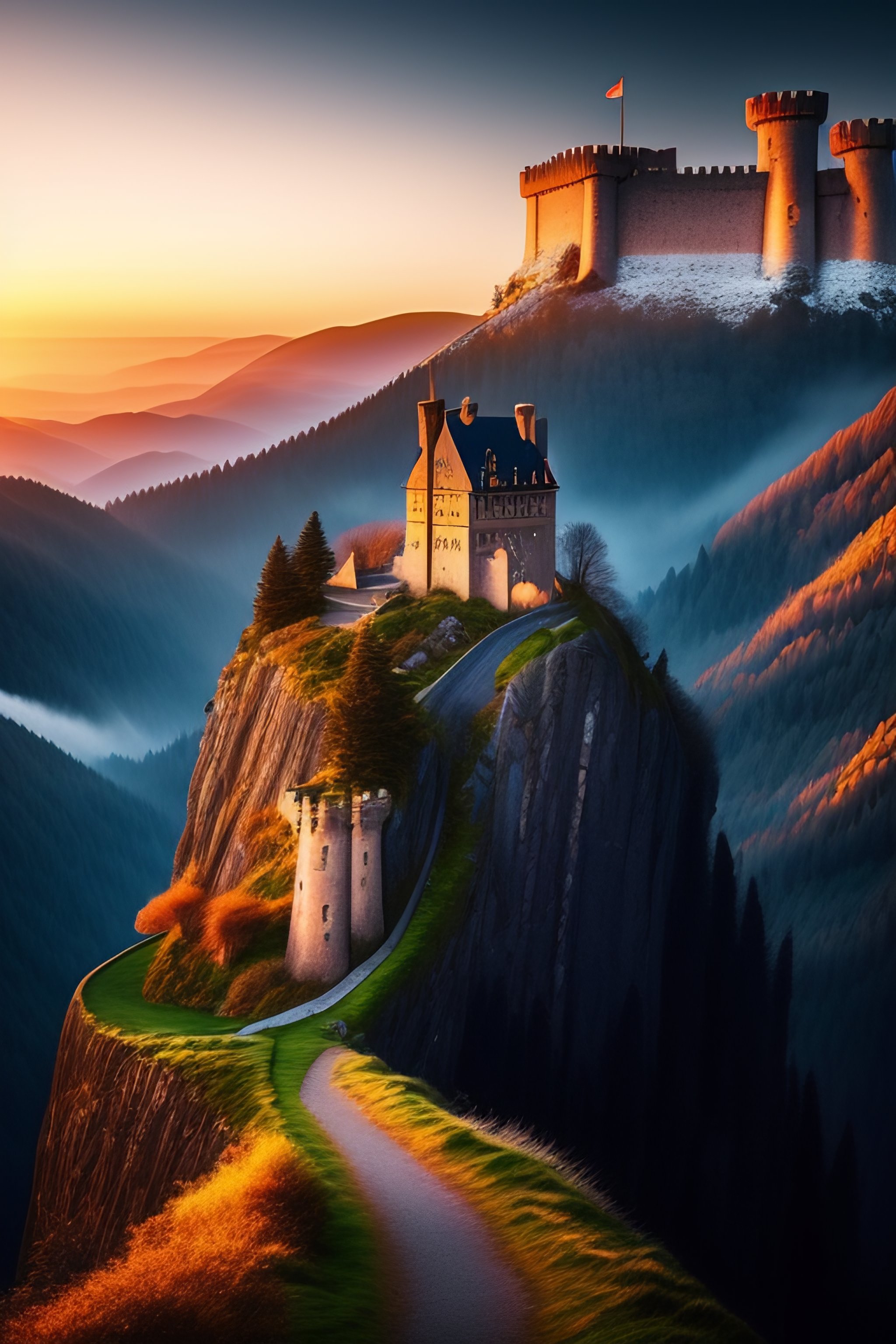 Lexica - Amazing castle on mountain at sunrise, sharp detail, stone ...