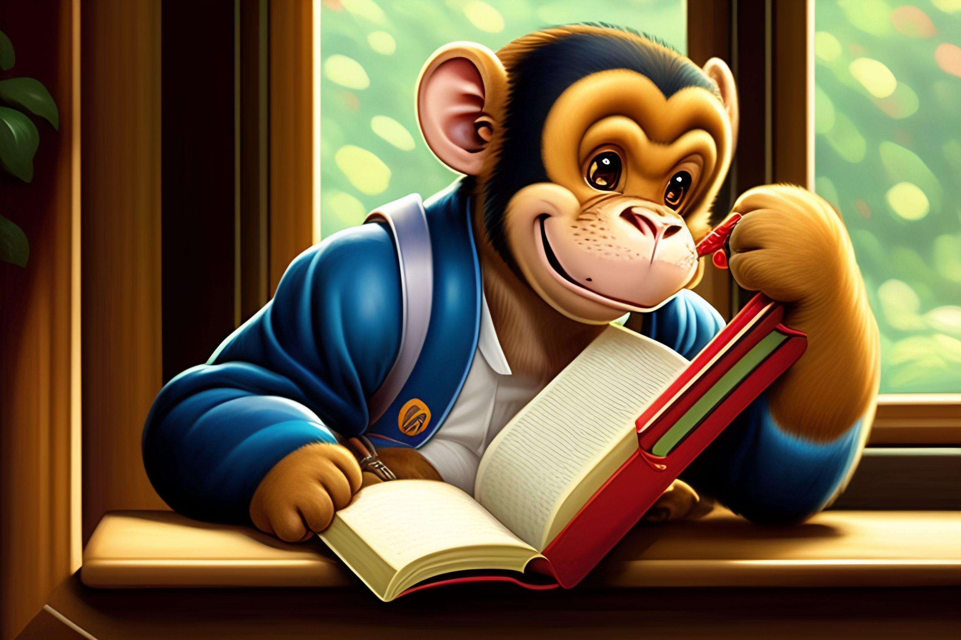Lexica - Ken sugimori art of a funny smiling monkey reading a book