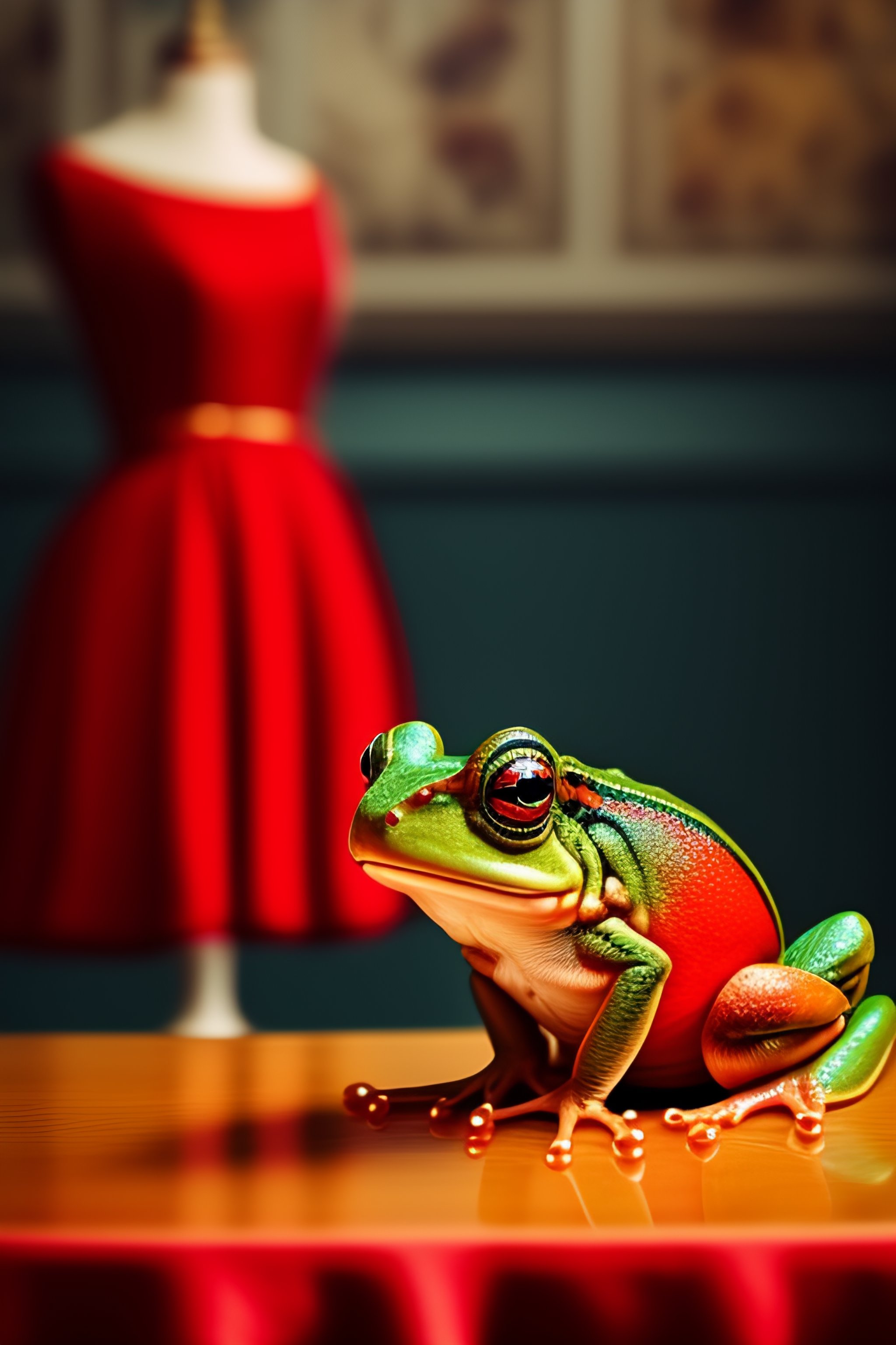 Lexica - Frog is dancing on the table in red dress with ted bag in hand
