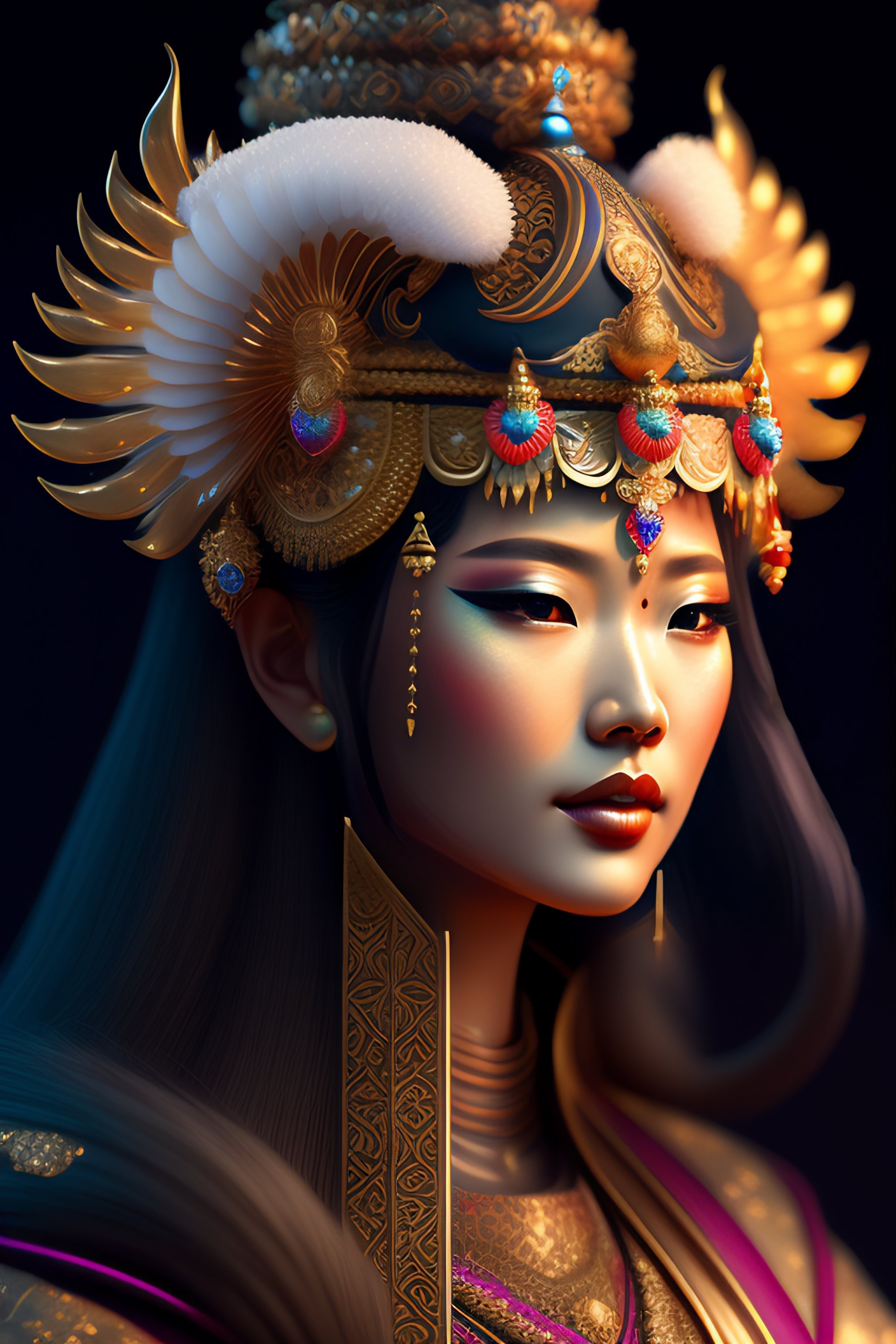 Lexica - 3 d goddess close - up profile portrait with crown, ram skull ...