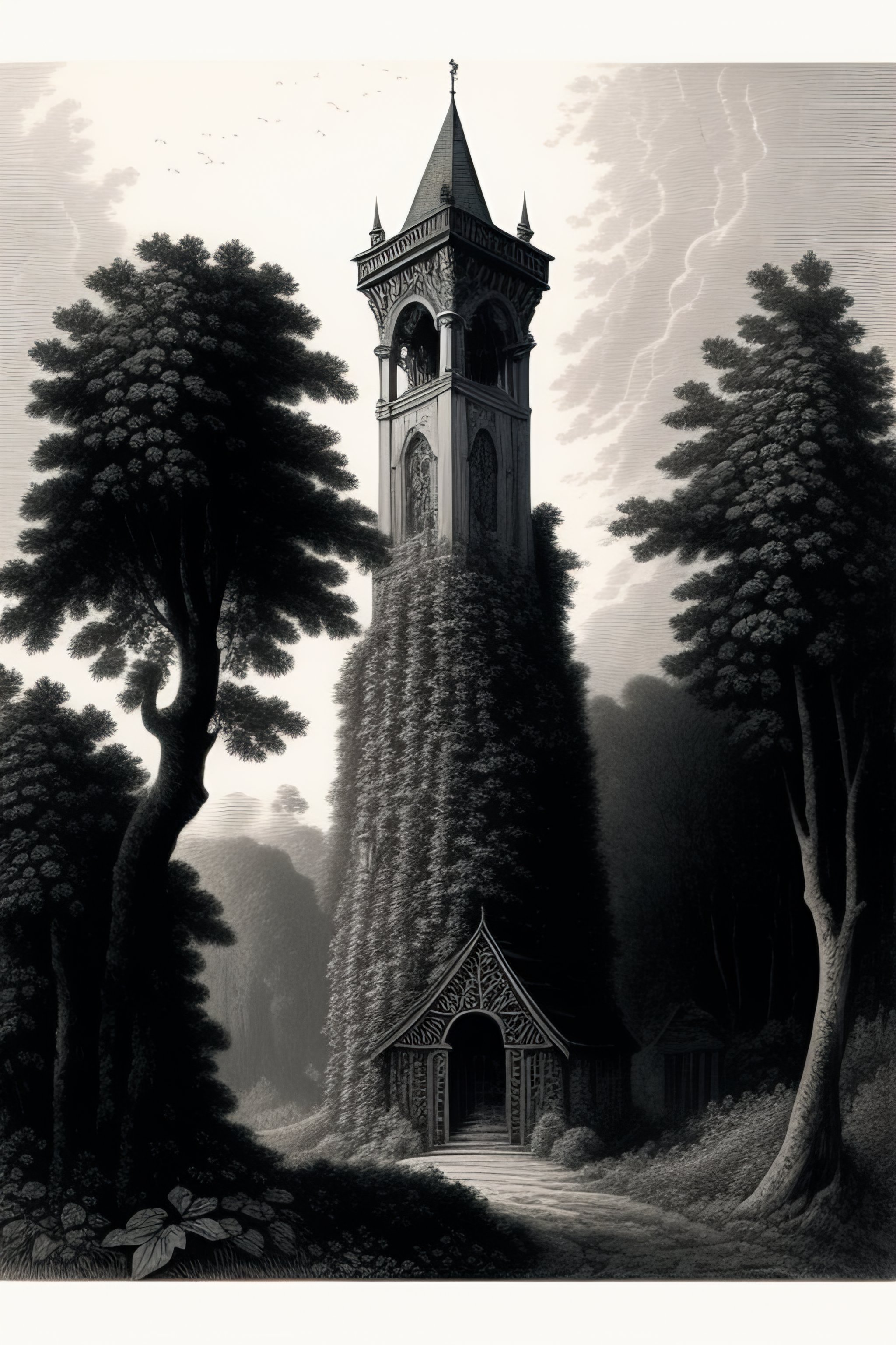 Lexica - “An engraving of a crooked, ivy-covered tower with a pointed ...