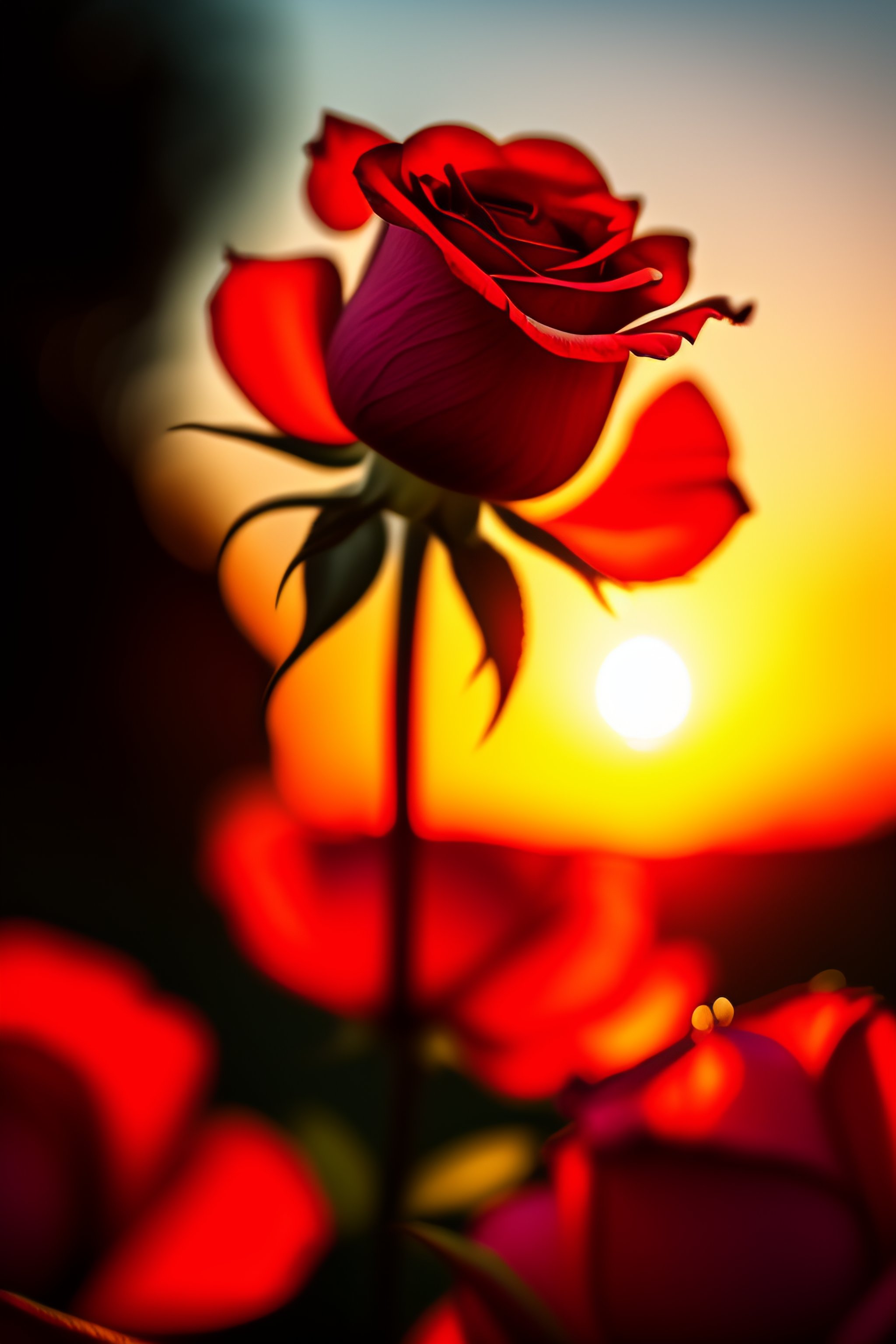 Lexica - One red rose, the rose is with sunset view behind, full screen, 4k