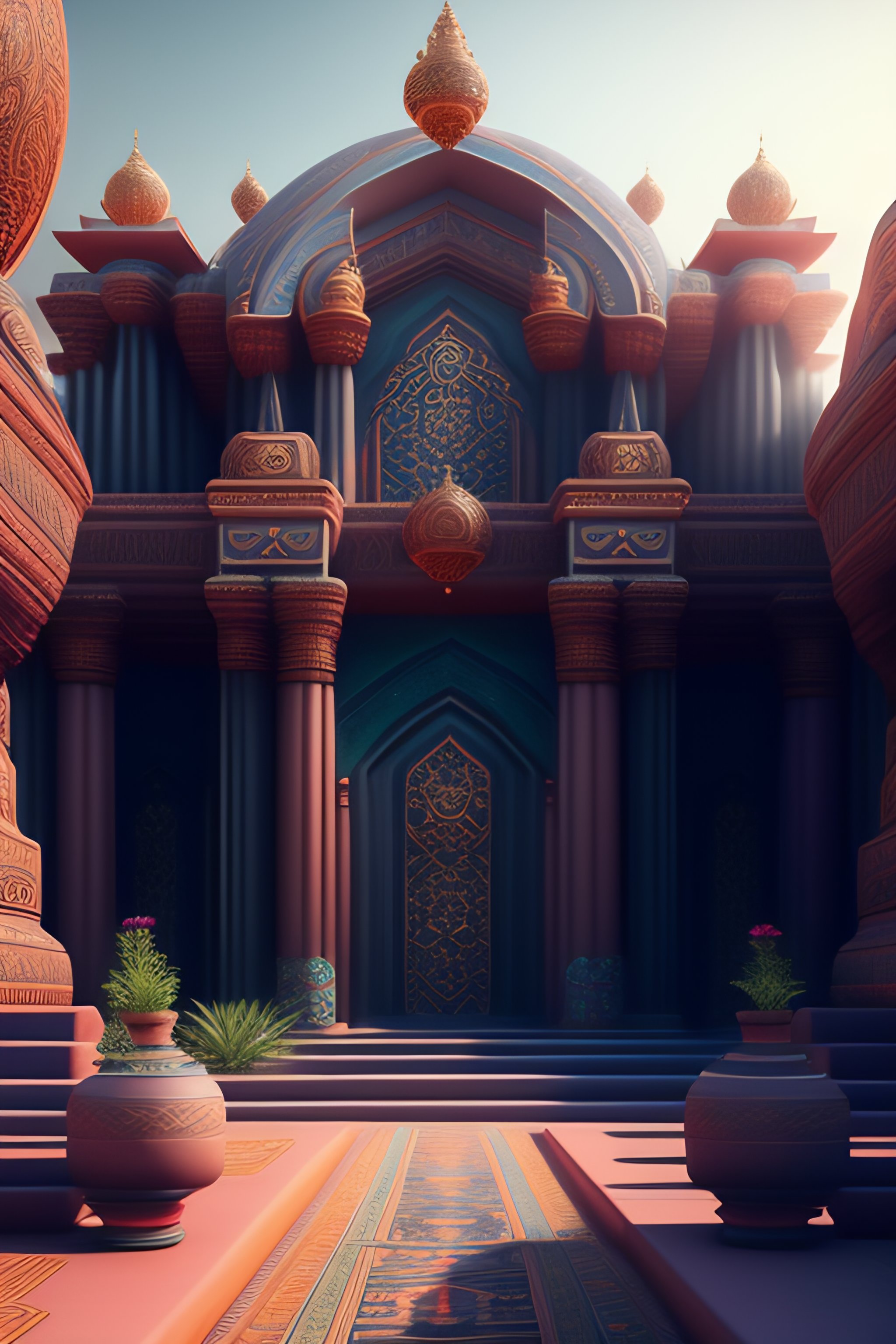 Lexica - Ancient temple carved in opal, desolate and lush landscape ...