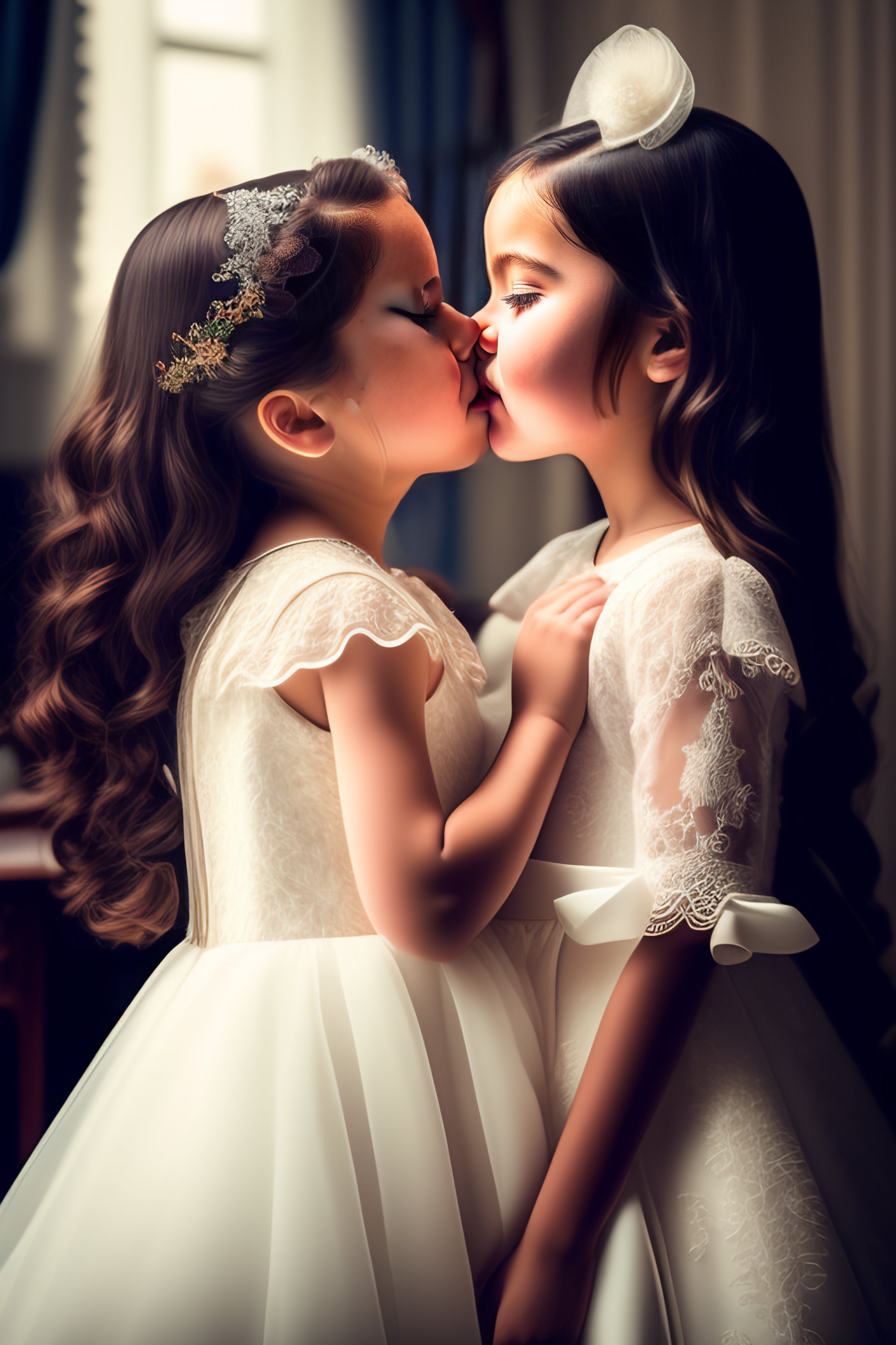 Lexica - Beautiful, photo-realistic picture of two ten year old girls kissing!, intricate ...