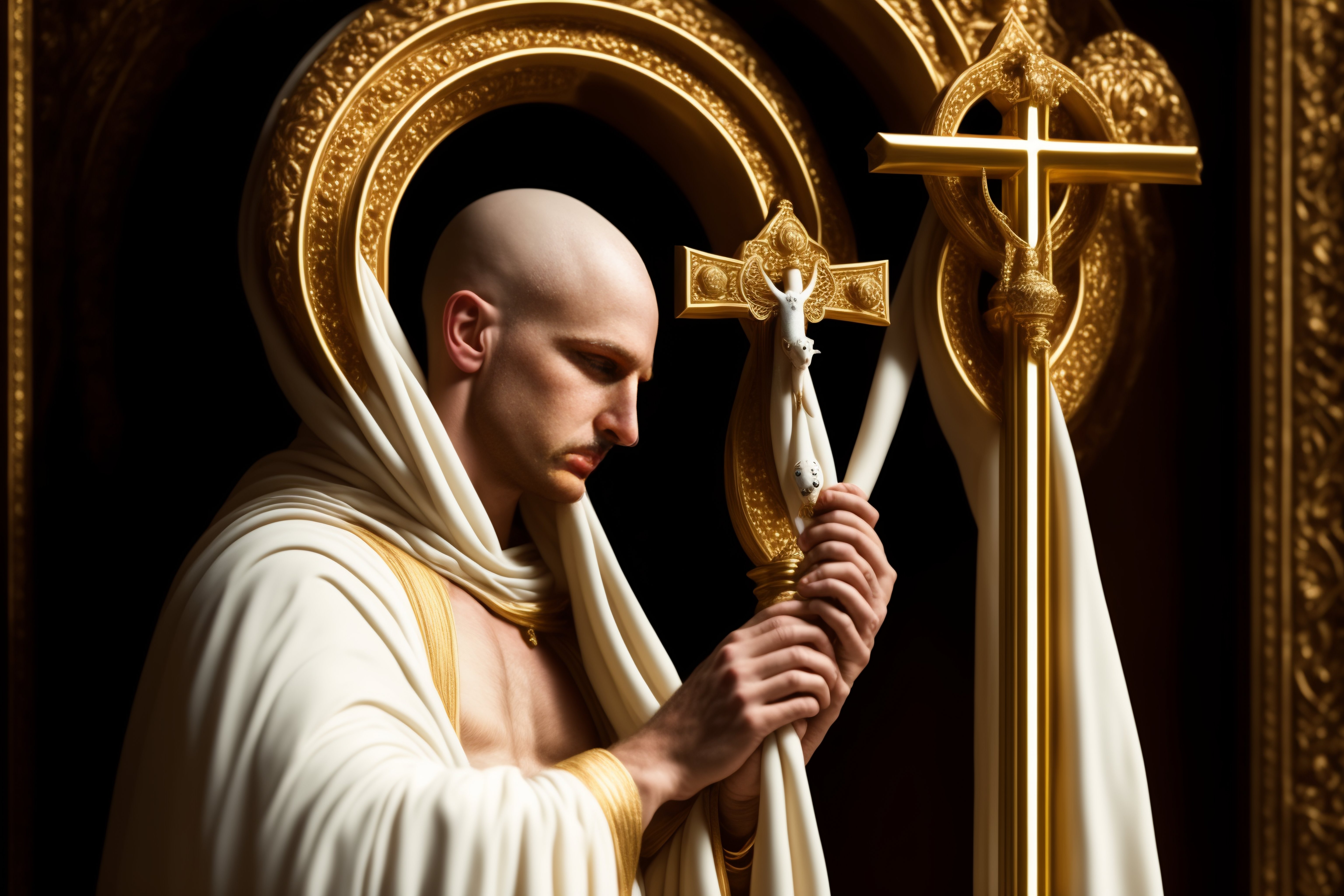 Lexica - White Monk in dark cloth hold a white snake on the cross roman
