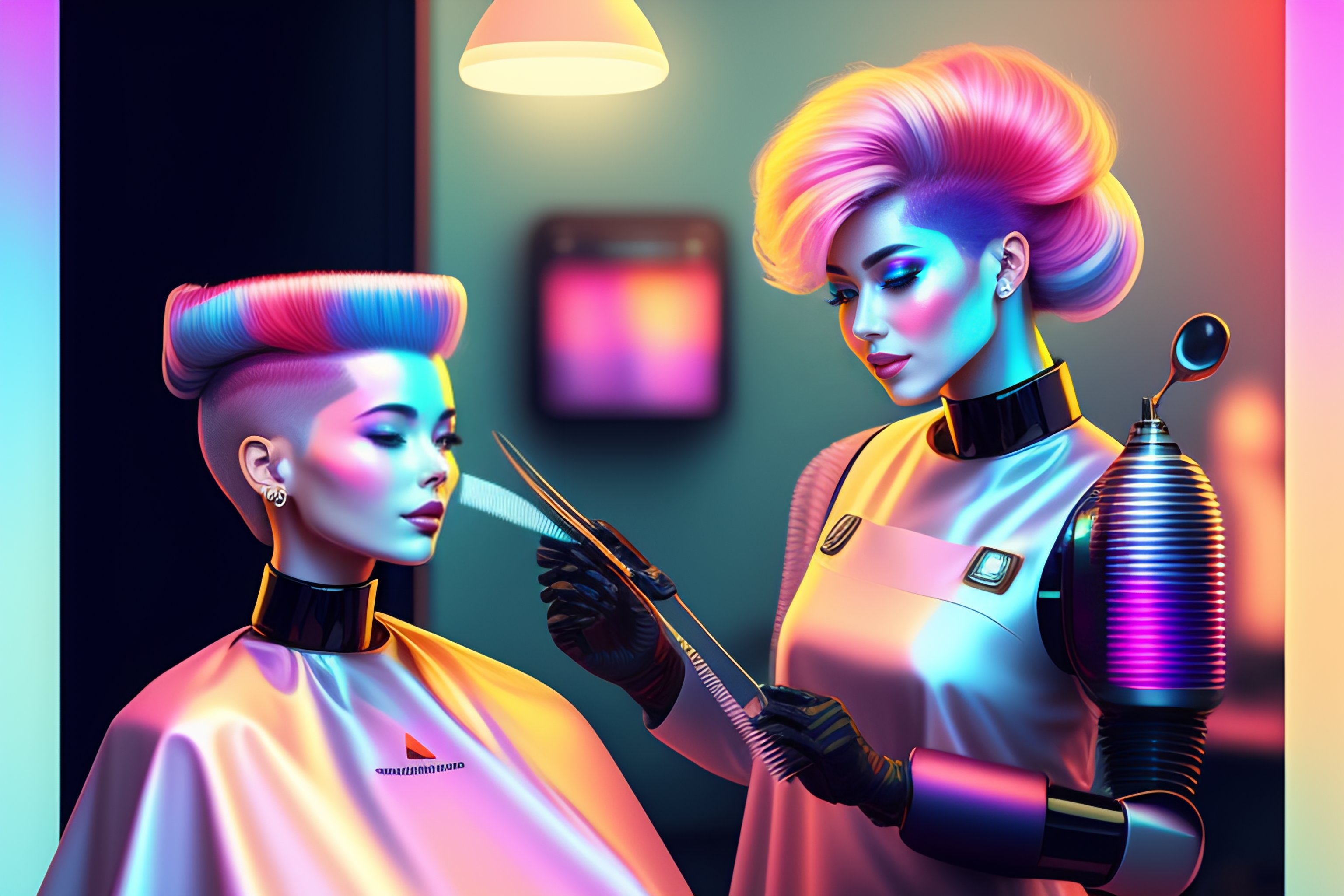 Lexica - Robot hairdresser, doing a haircut to a woman, in a barbershop ...