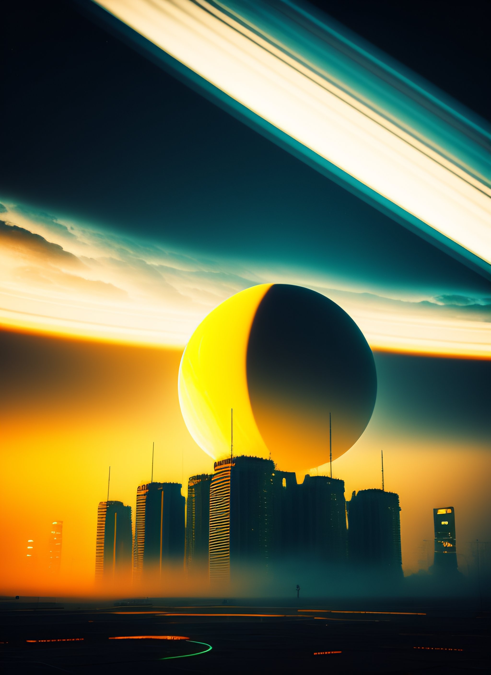 Lexica - Saturn in the sky, yellow lights, cyber punk, destroyed city ...