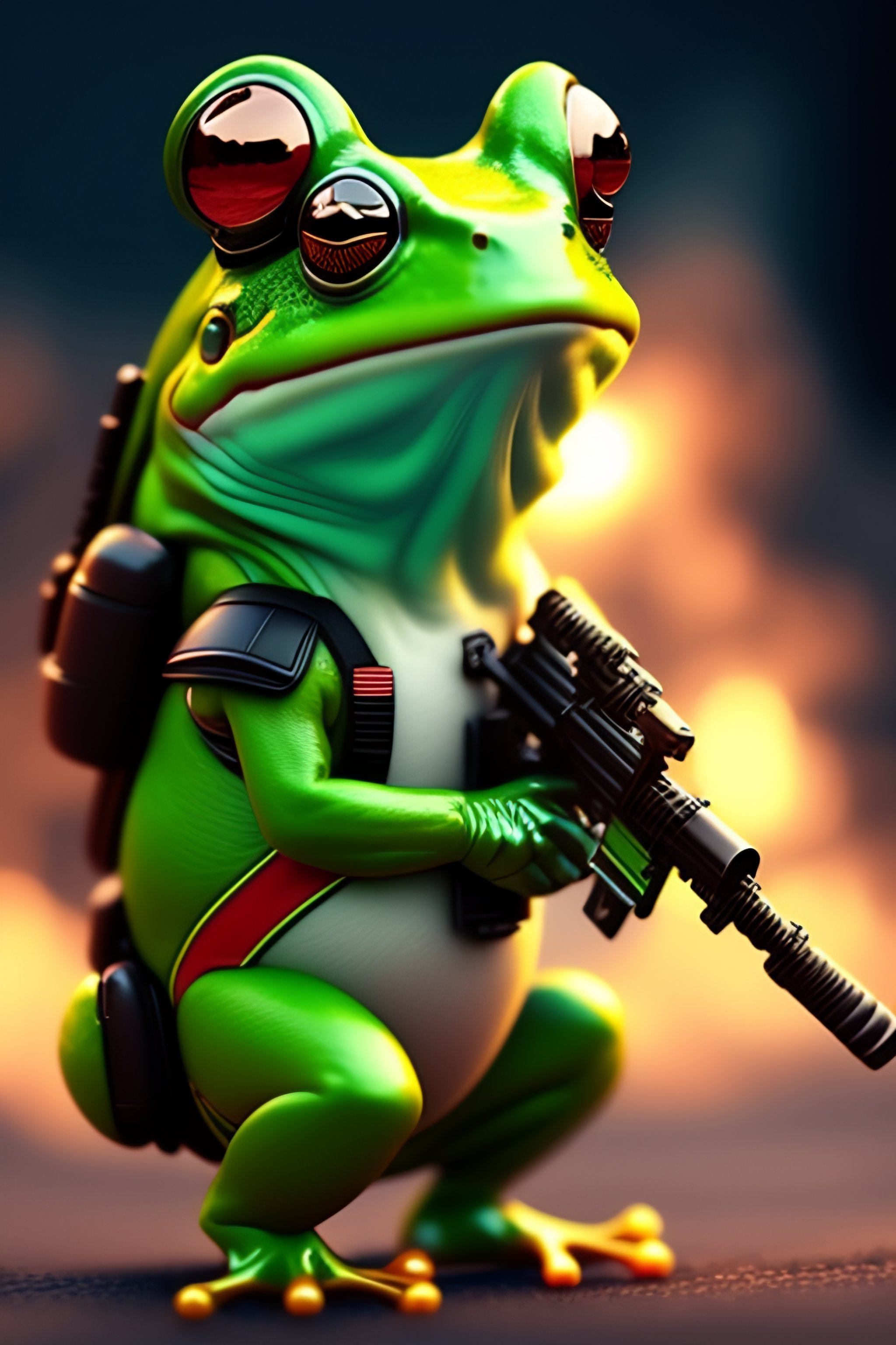 Lexica - A frog wielding a rocket-launcher from a video game.