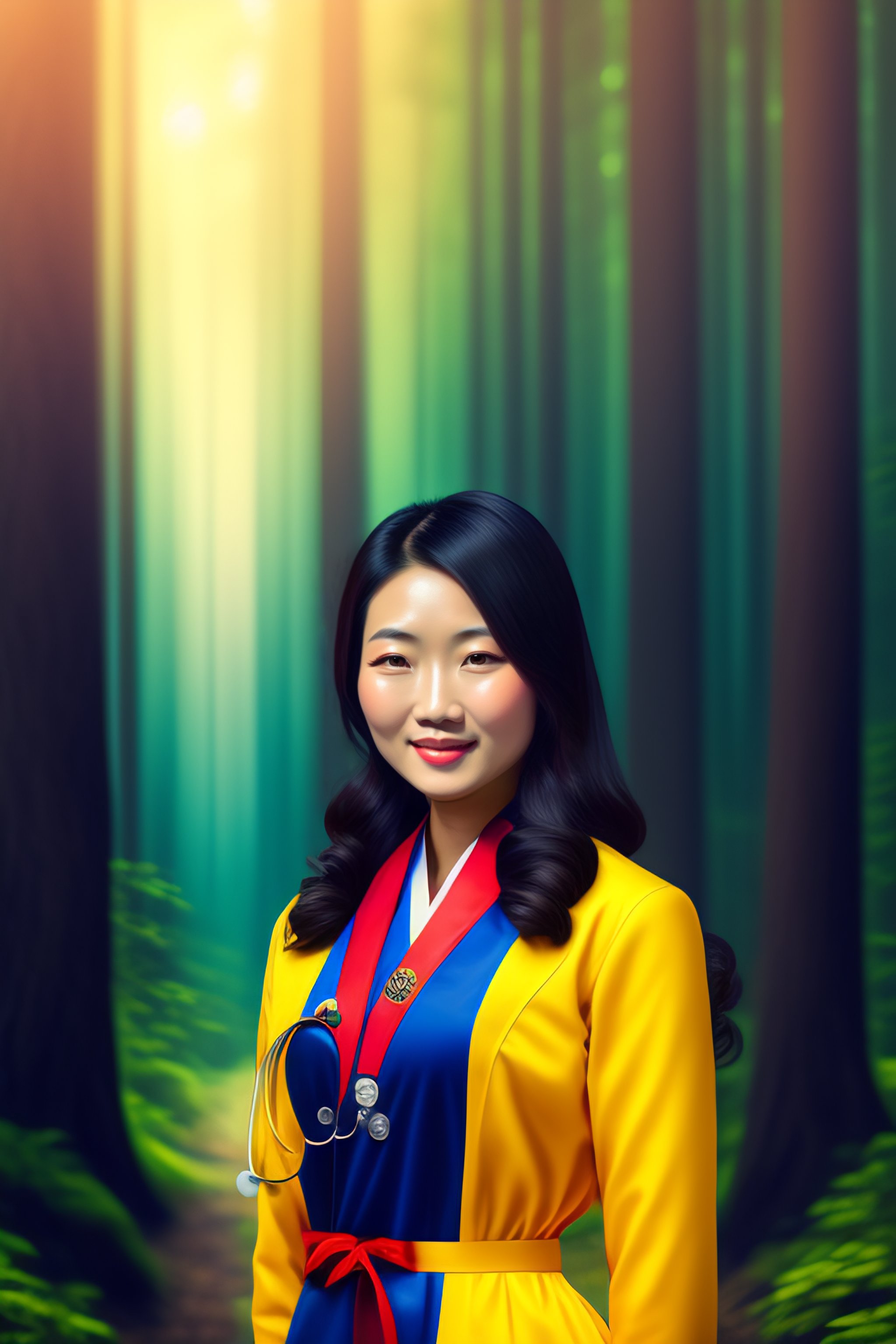 Lexica - Asian doctor girl in the woods. Red bow in hair. A camera and ...