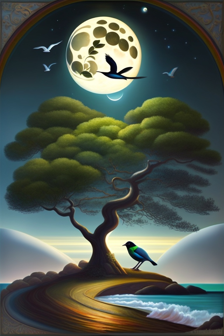 Lexica - Tree with birds , moonlight , full moon, picasso