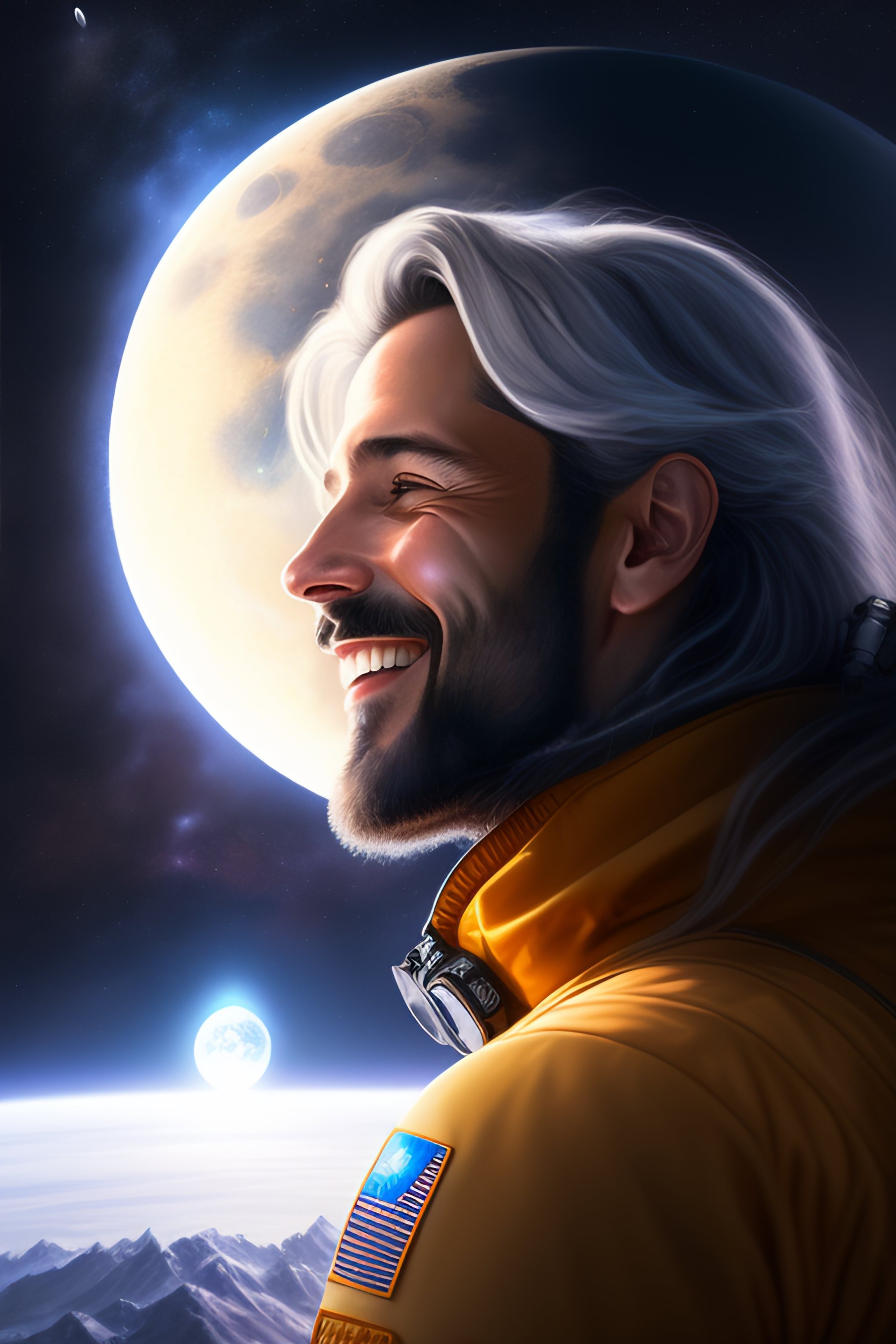 Lexica - Portrait of a smiling male gray long hair and beard astronaut ...