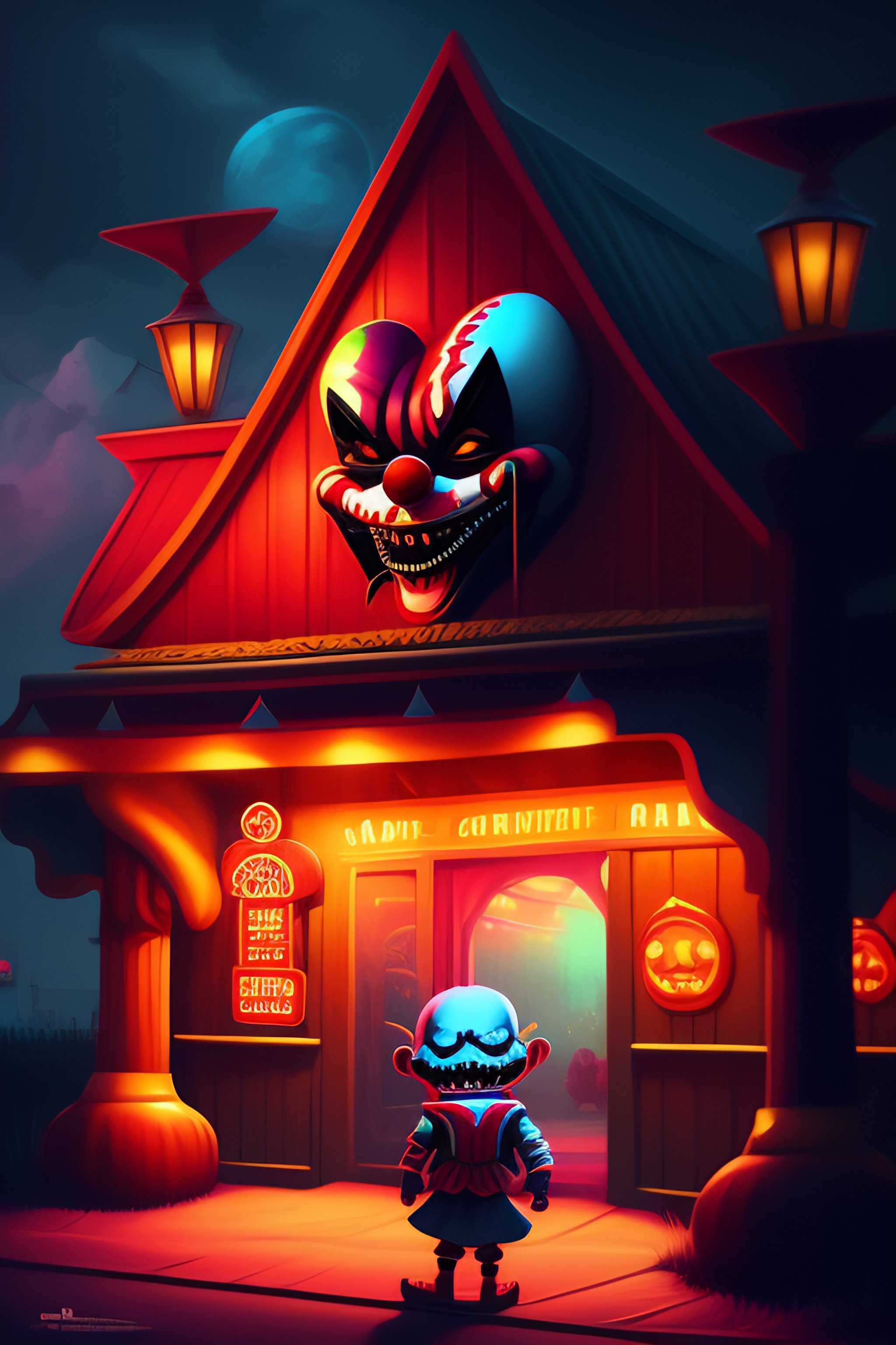 Lexica - Painting of an evil clown in front of an amusement park ...