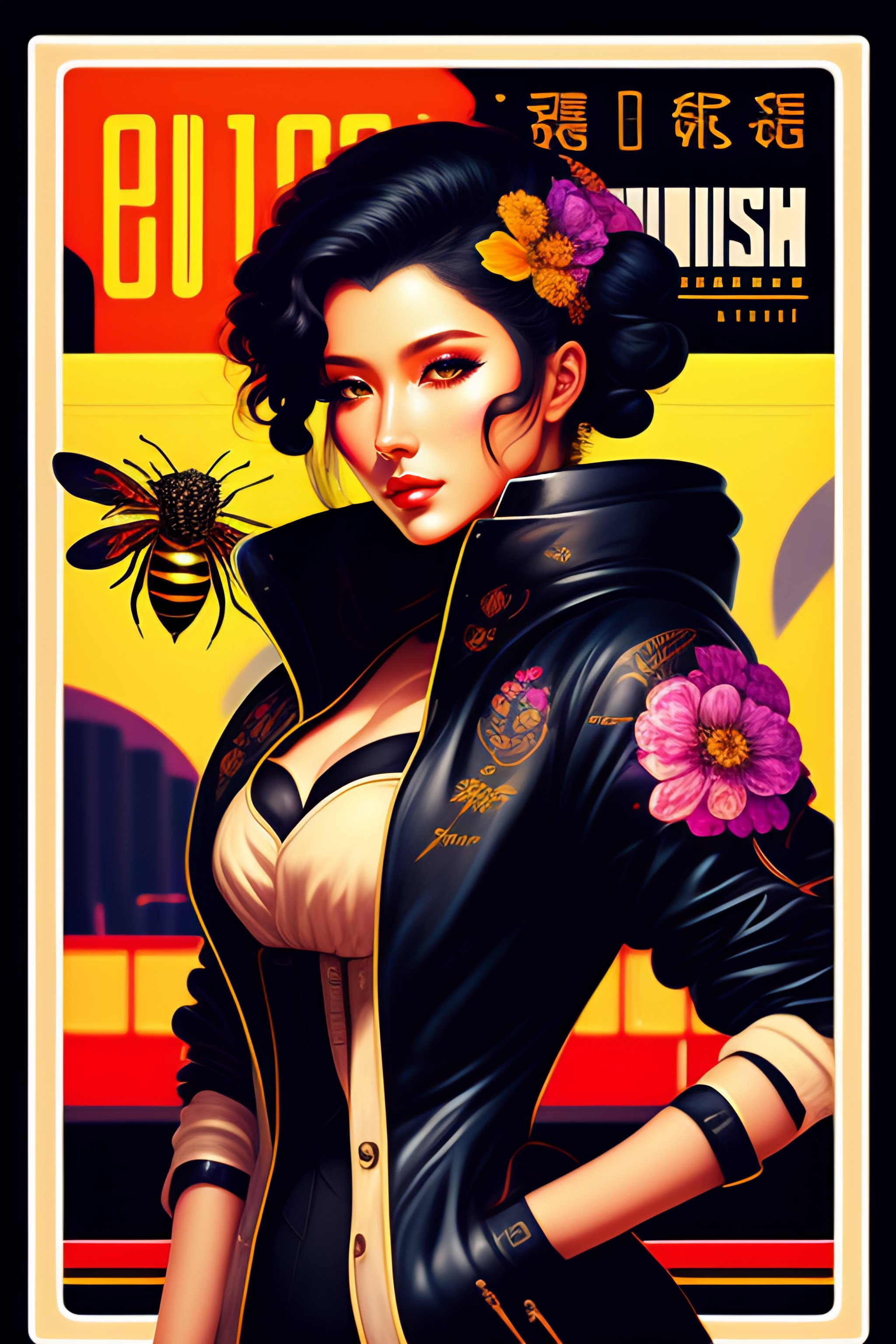 Lexica - Cyberpunk vintage 1820s magazine cover poster, girl with bee ...