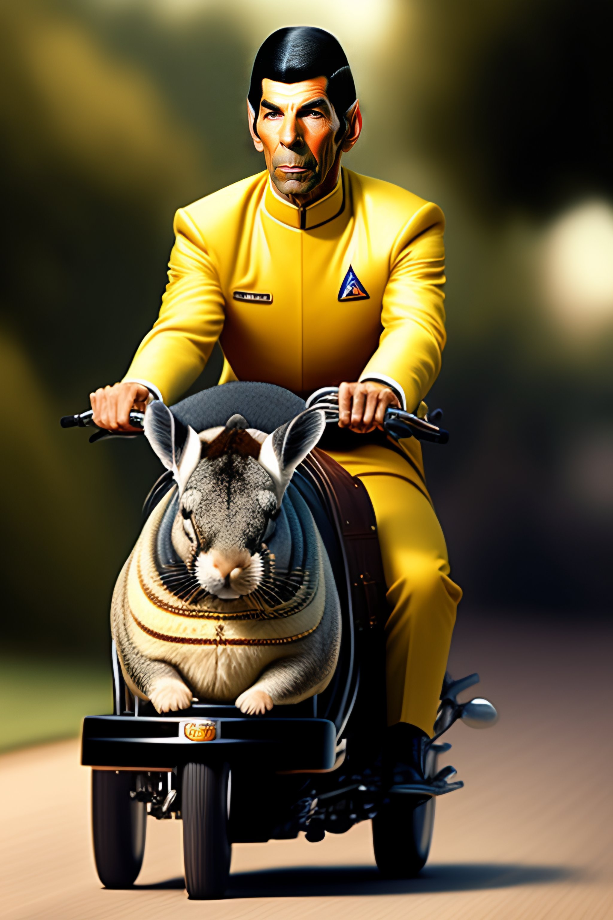 Lexica - A realistic drawing of commander Spock riding a chinchilla ...