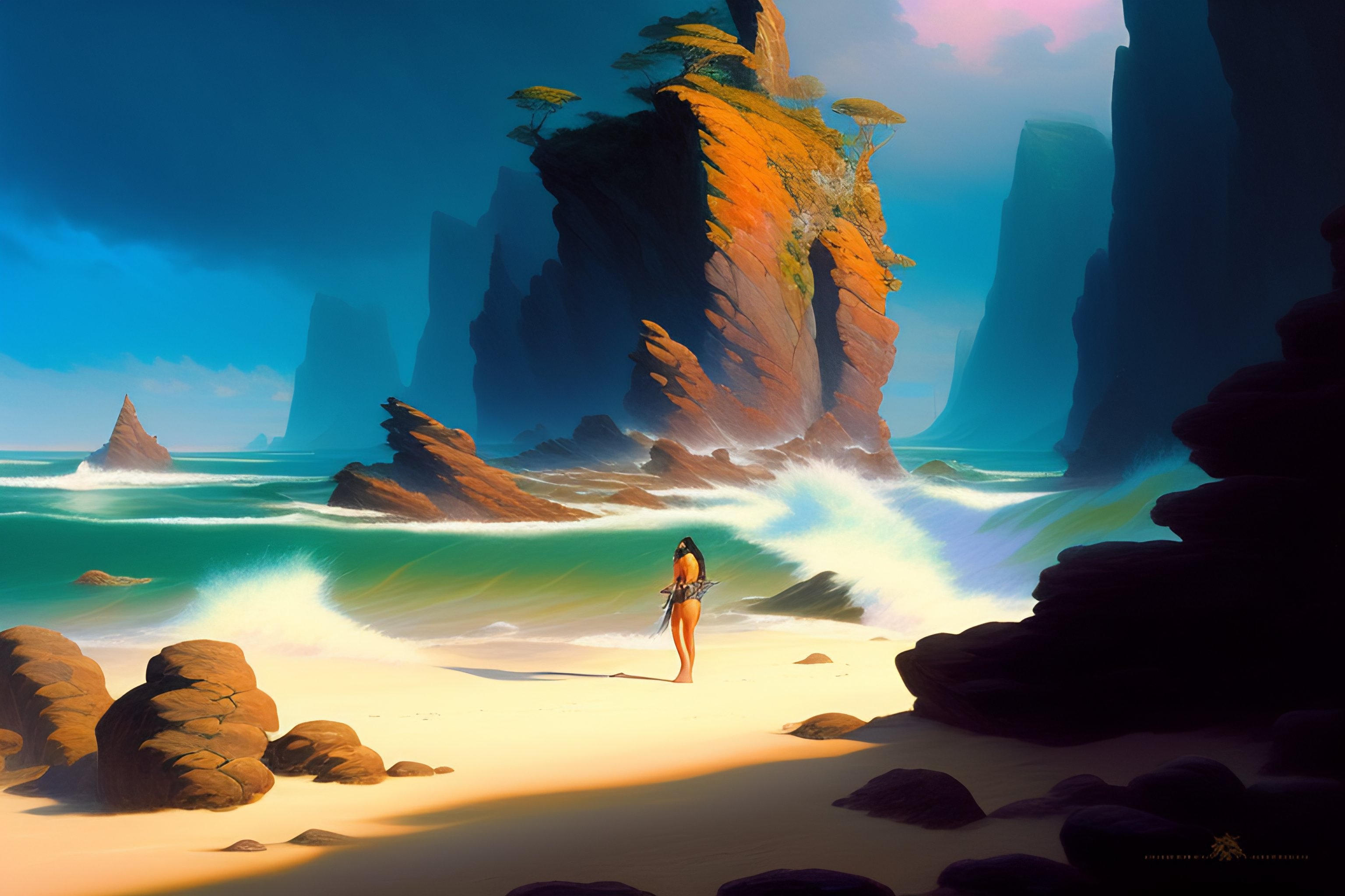 Lexica - Mermaids on the rocky coast island , style of Frank Frazetta ...