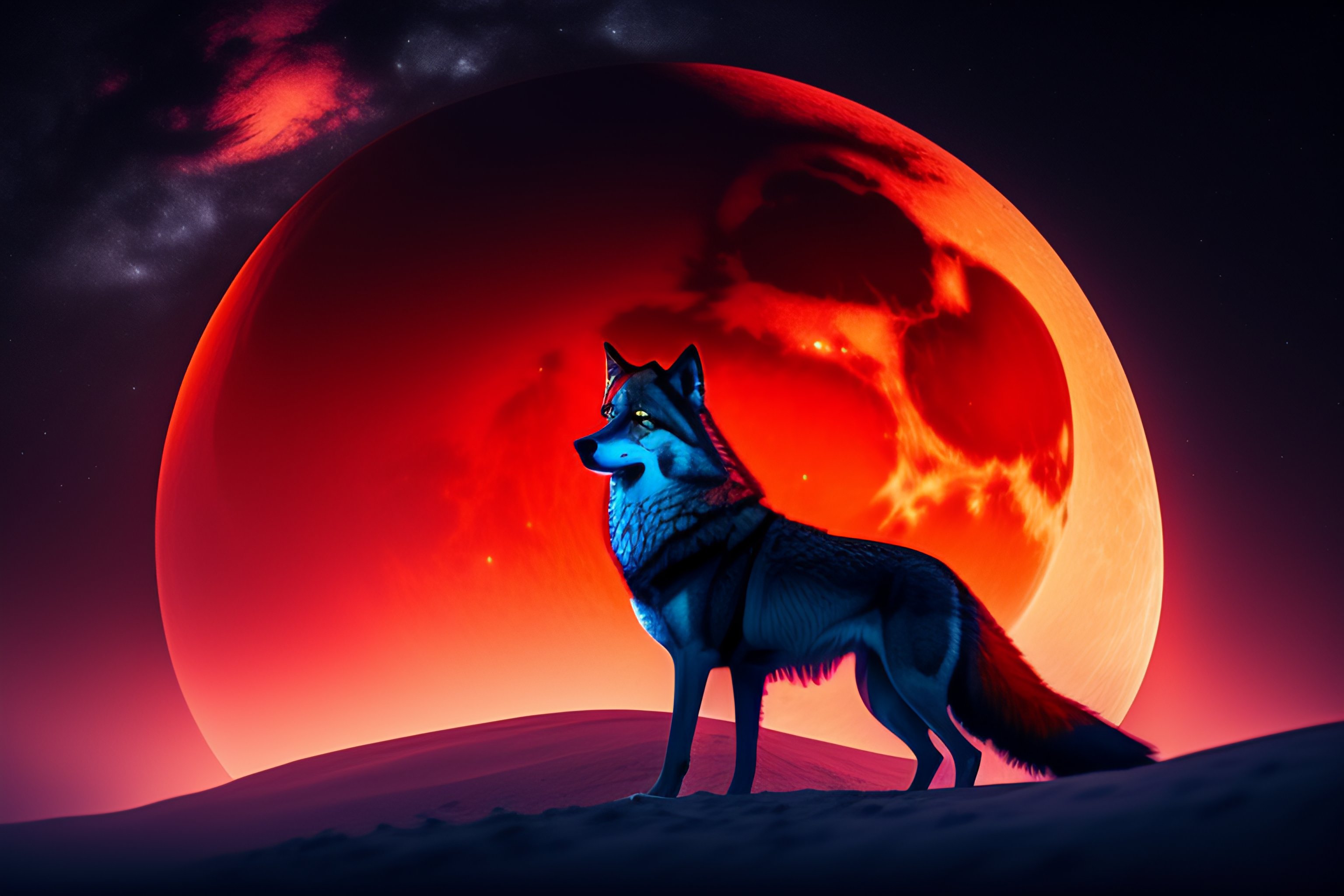Lexica - A wolf with red moon in background, realistic, cinematic 8k
