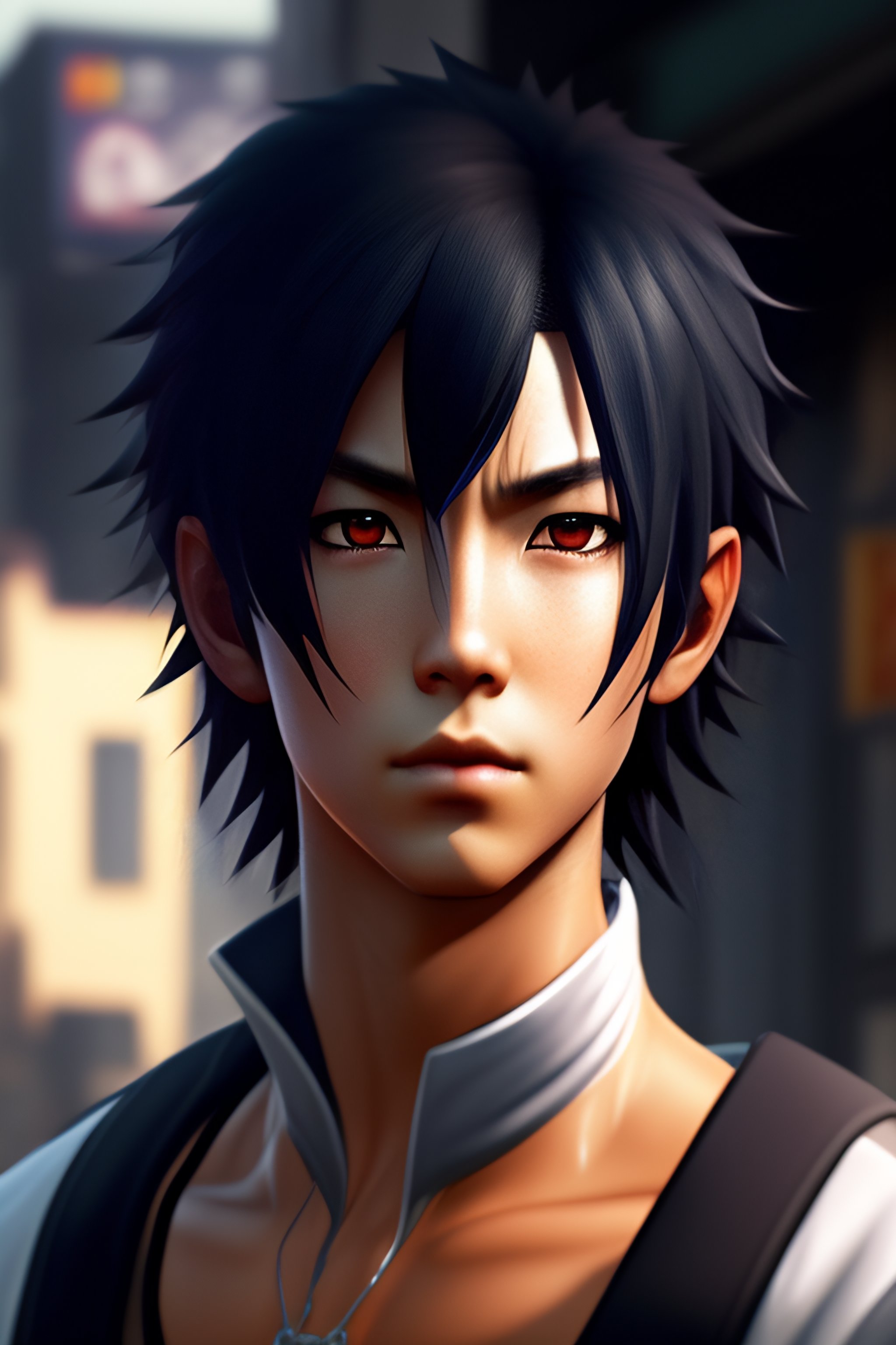 Lexica - Sasuke Uchiha, black hair, realistic, slum background