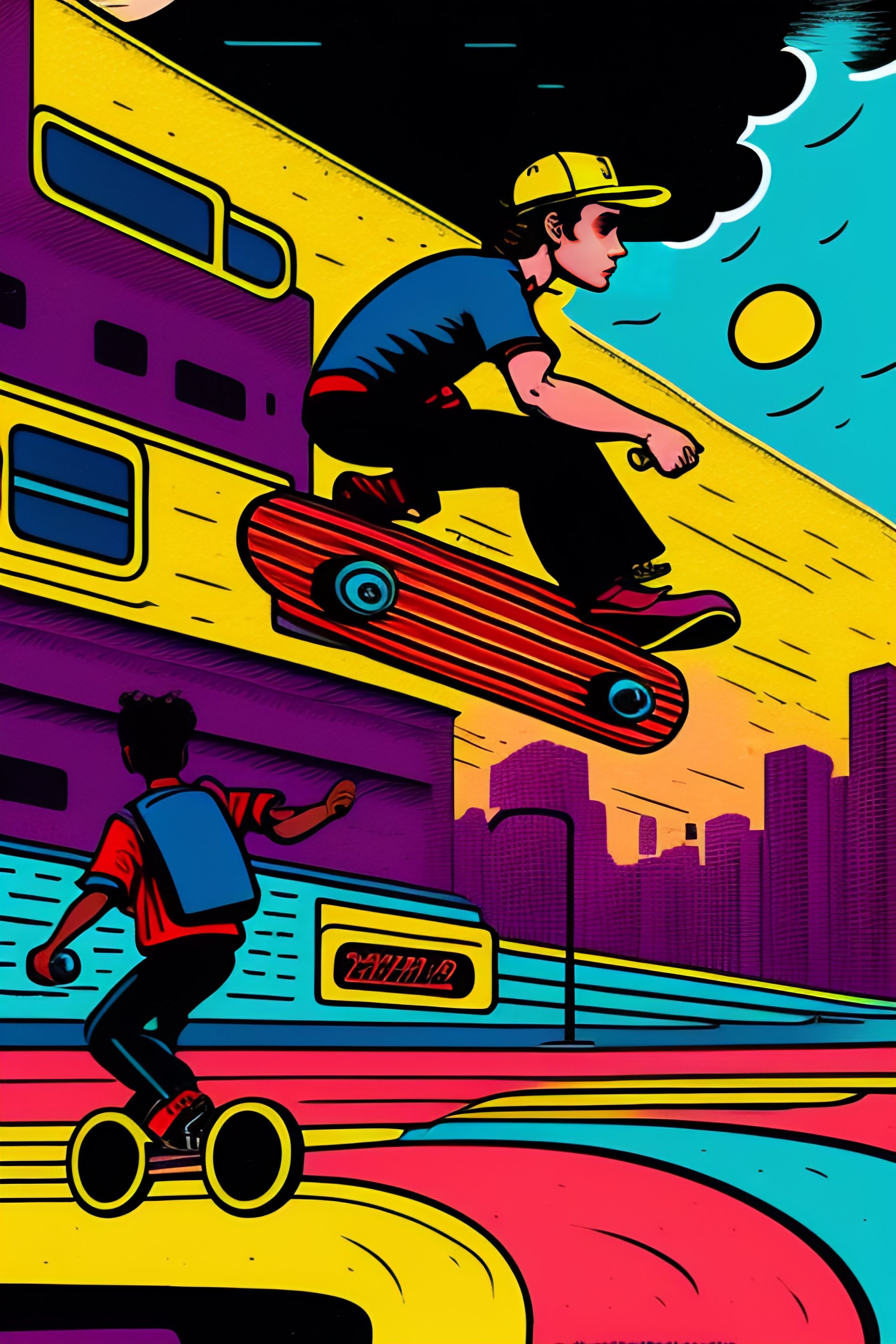 Lexica - 90s comic Graphic art of a person riding a skateboard with ...