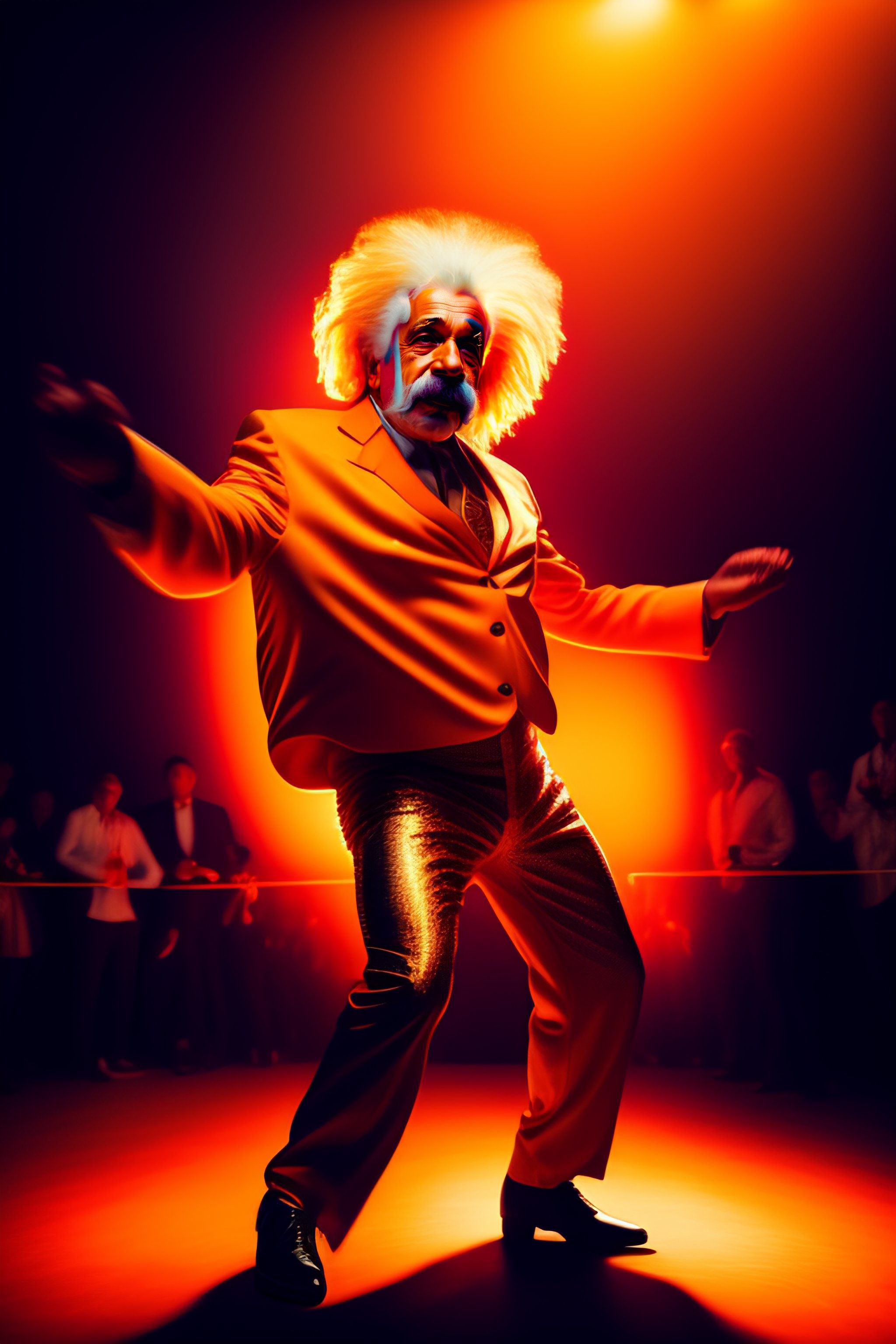 Lexica - A portrait of einstein dancing in a club wearing orange pants ...