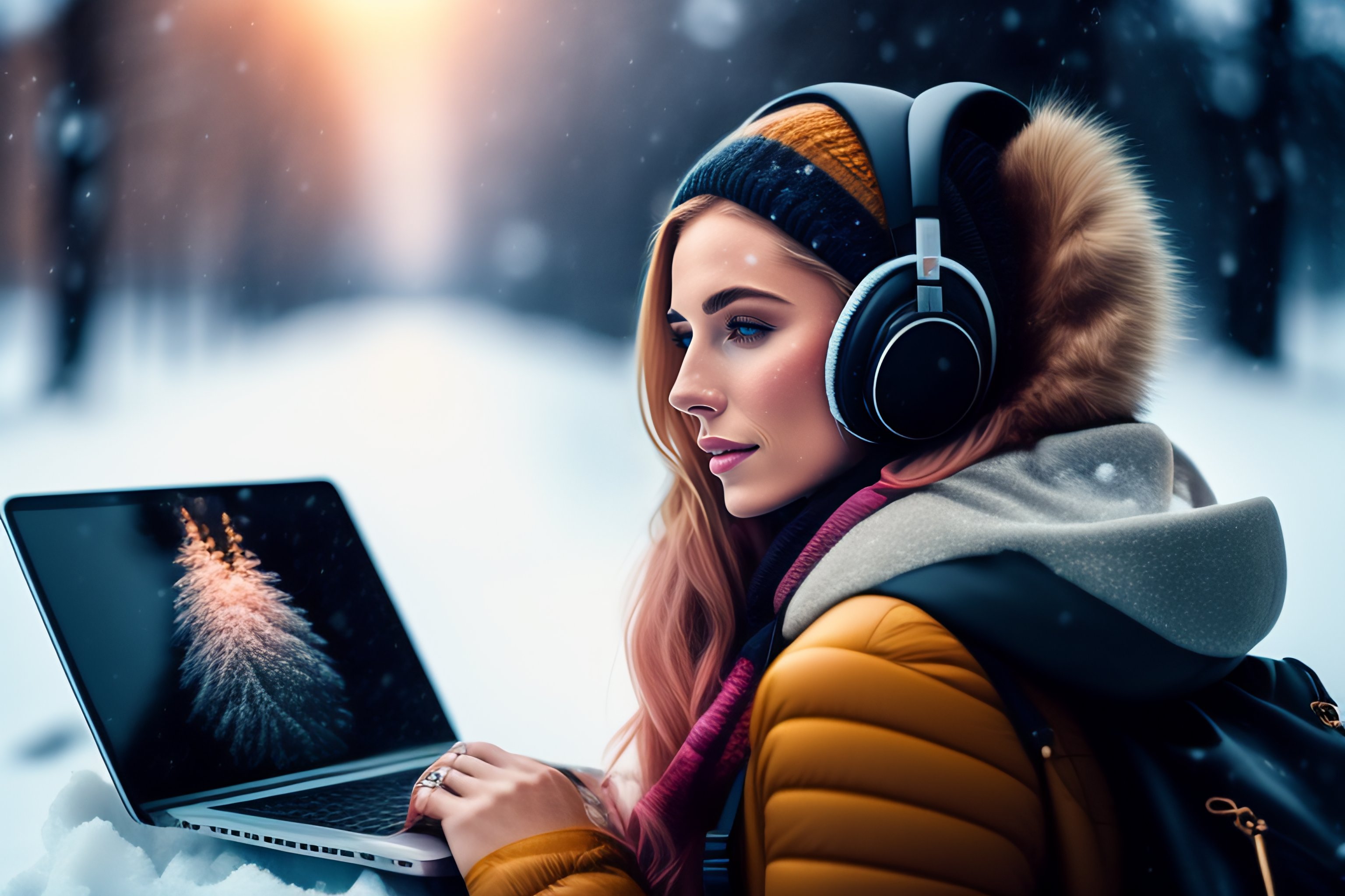 Lexica - Hipster, backback, outside in snow. blond, on macbook ...