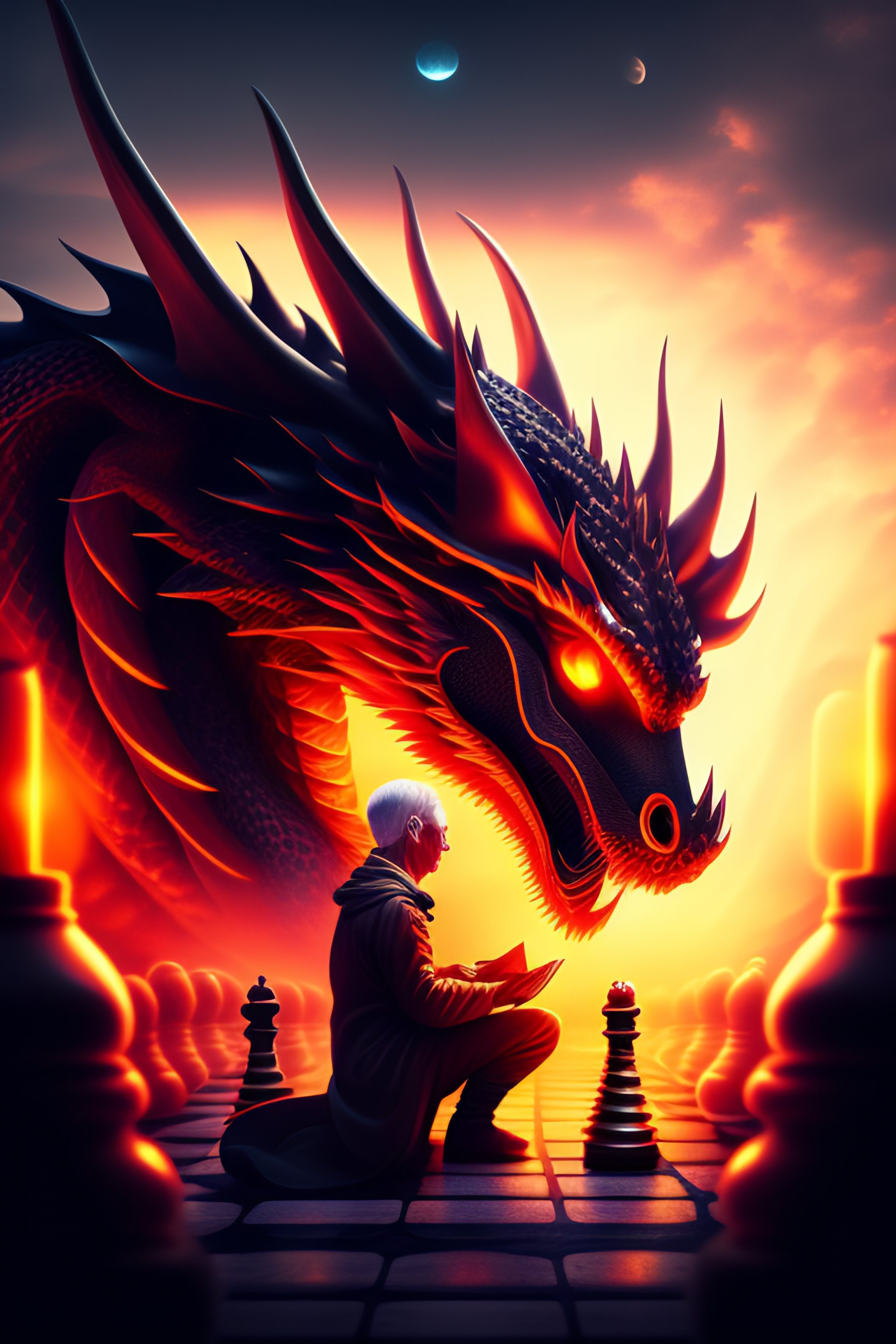 Lexica - Massive dragon flying behind old person meditating, Chess ...