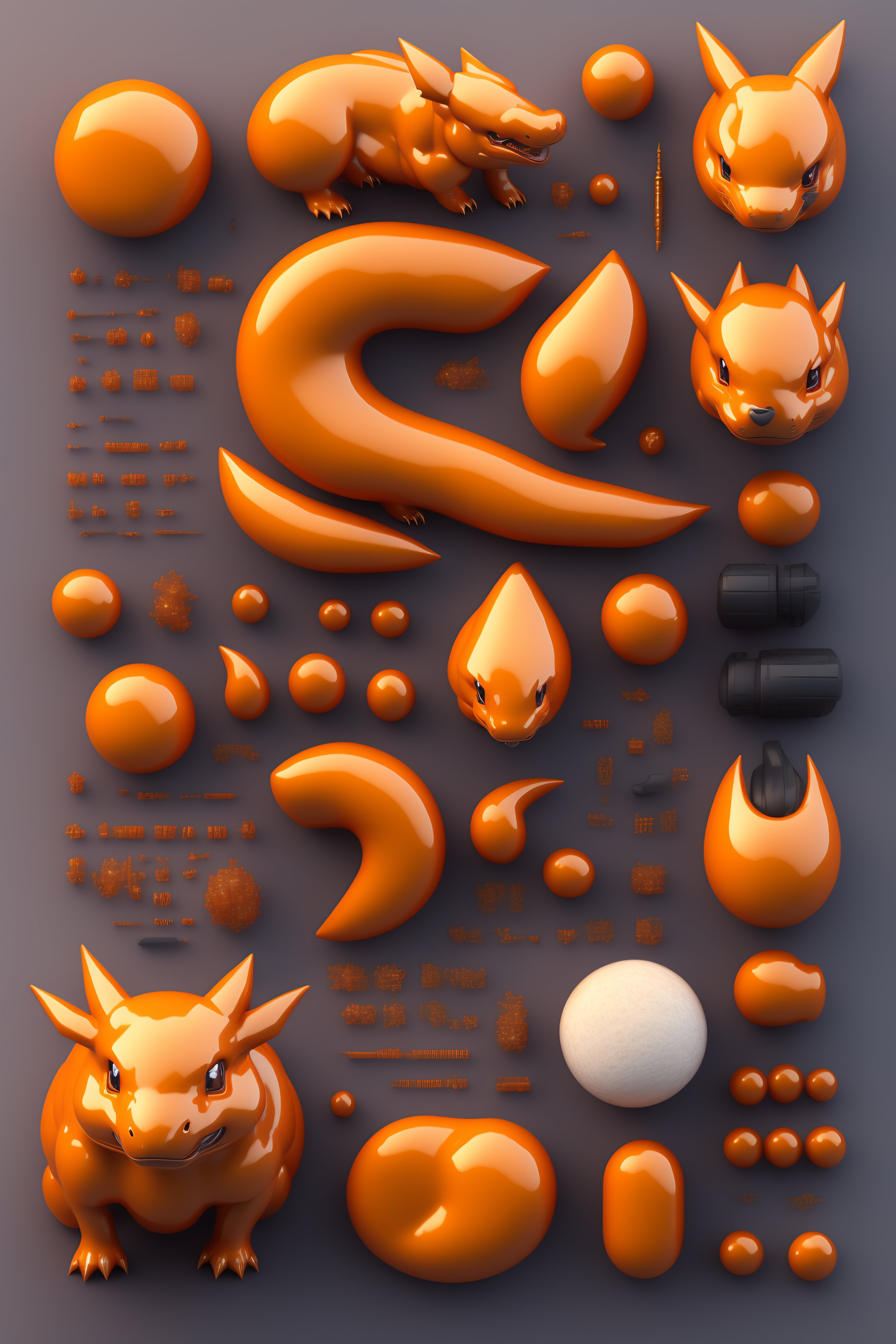 Lexica - Charizard , Knolling, Deconstruction body parts, pokeballs ...